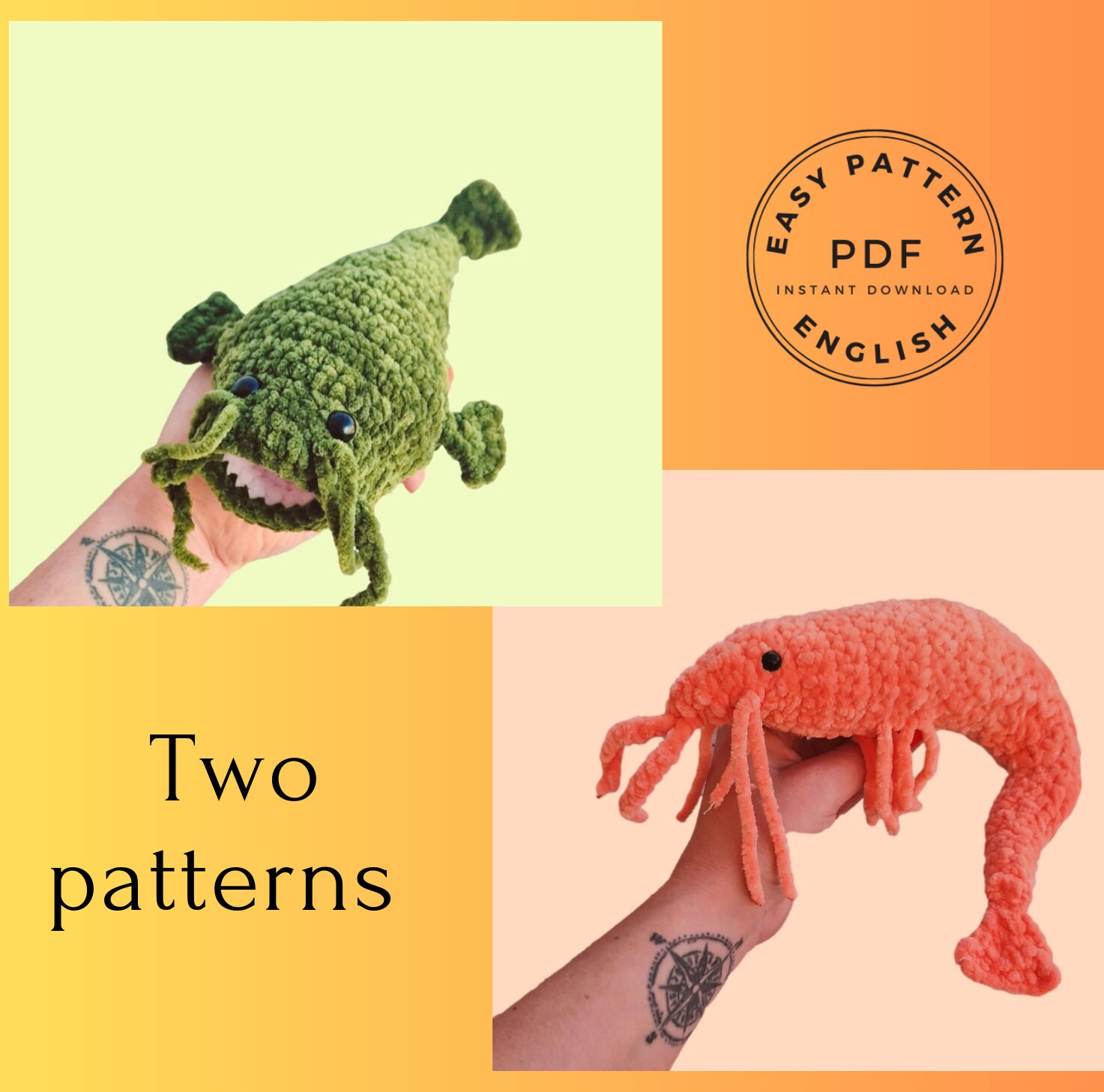 Two Crochet Patterns Shrimp Prawn Catfish Fish Amigurumi PDF English ...