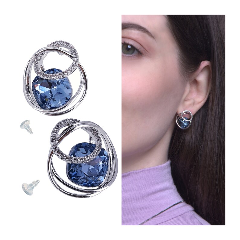 Swarovski Crystal Stud Earrings for Women - Hypoallergenic Stainless Steel - Round Cut - Blue ...