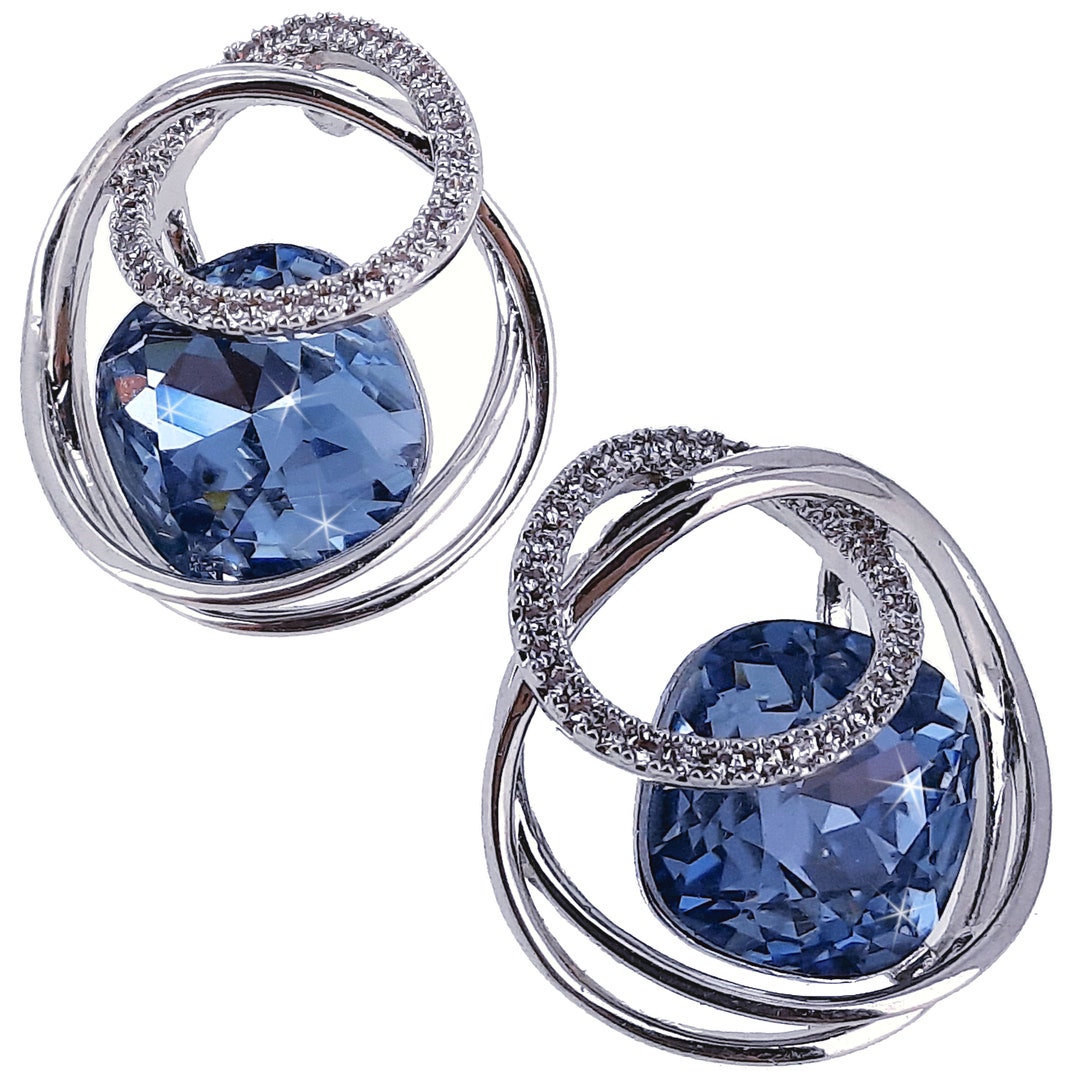 Swarovski Crystal Stud Earrings for Women - Hypoallergenic Stainless Steel - Round Cut - Blue ...