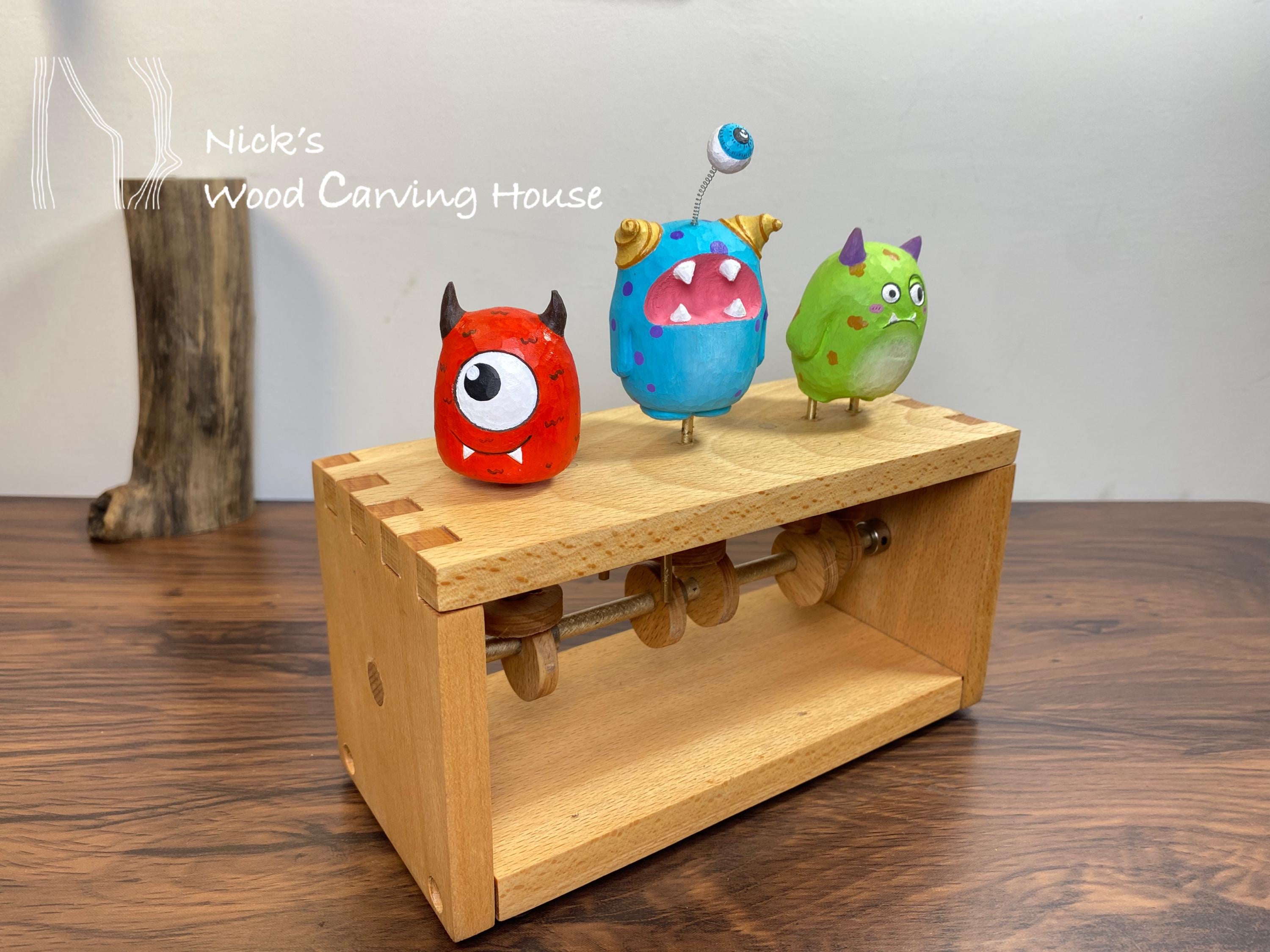 Three Whimsical Monster Automaton | Handcrafted Wood Carved Monster ...