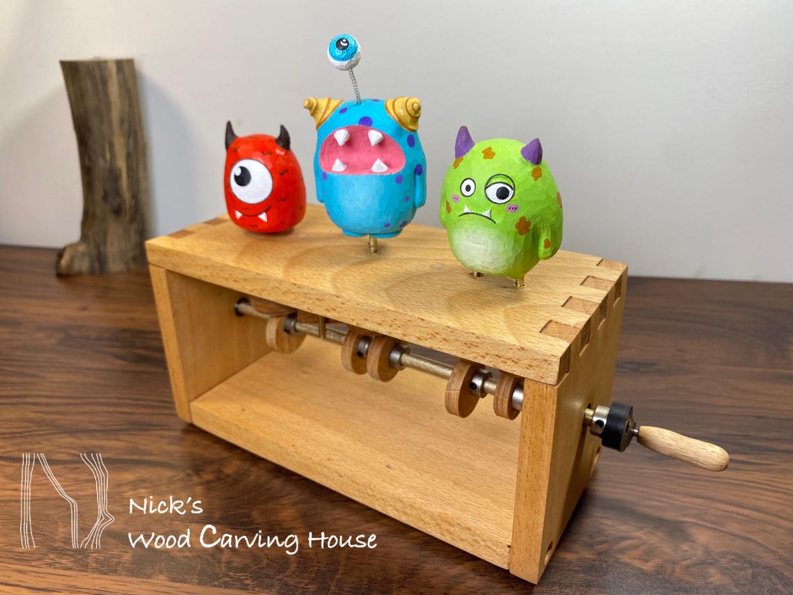 Three Whimsical Monster Automaton | Handcrafted Wood Carved Monster ...