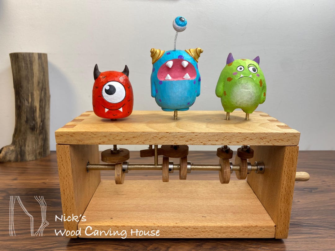 Three Whimsical Monster Automaton | Handcrafted Wood Carved Monster ...