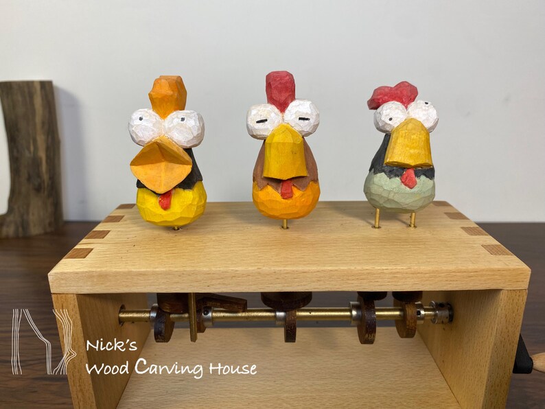Three Funny Chicken Automata | Handcrafted Wooden Automata | Kinetic ...