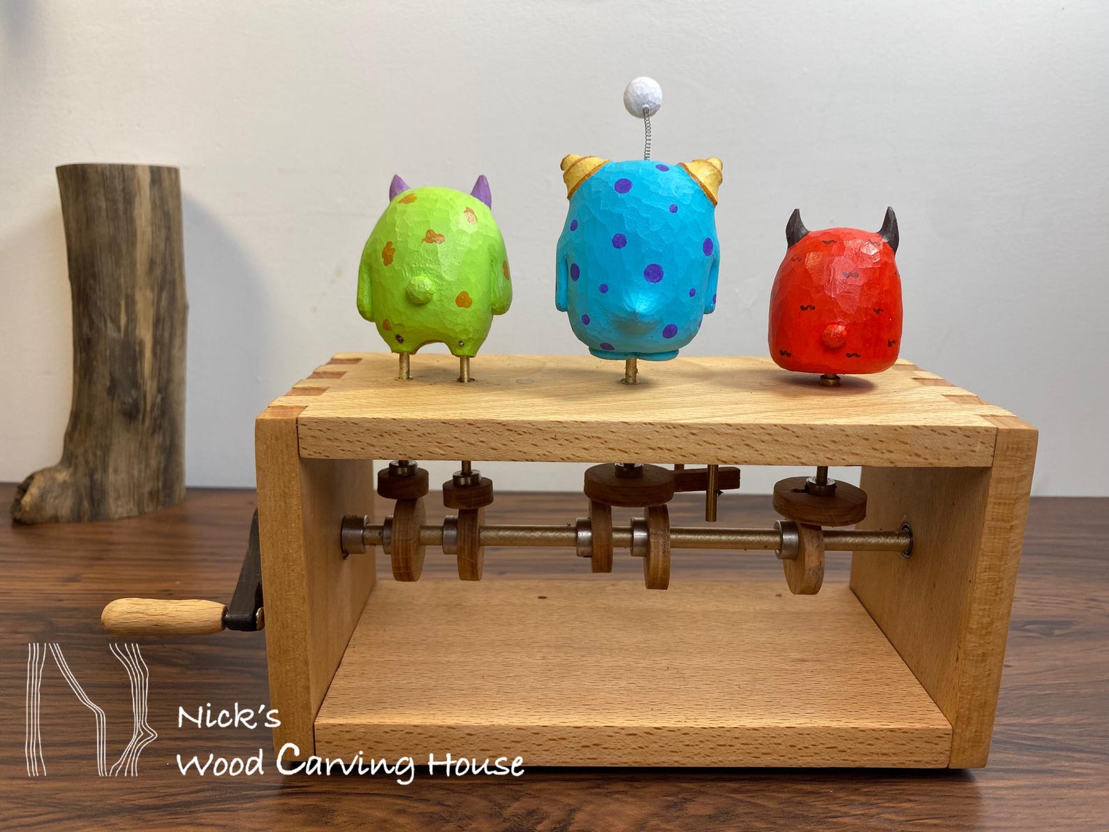 Three Whimsical Monster Automaton | Handcrafted Wood Carved Monster ...