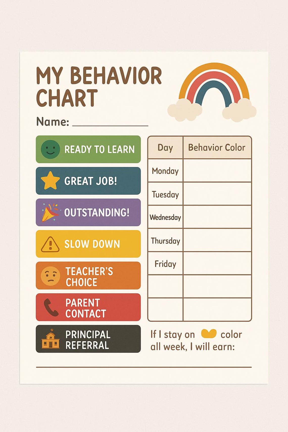 Editable Kindergarten Behavior Chart | Rainbow Printable | Weekly ...