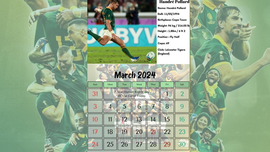 2024 South African springboks Monthly Calendar - Etsy