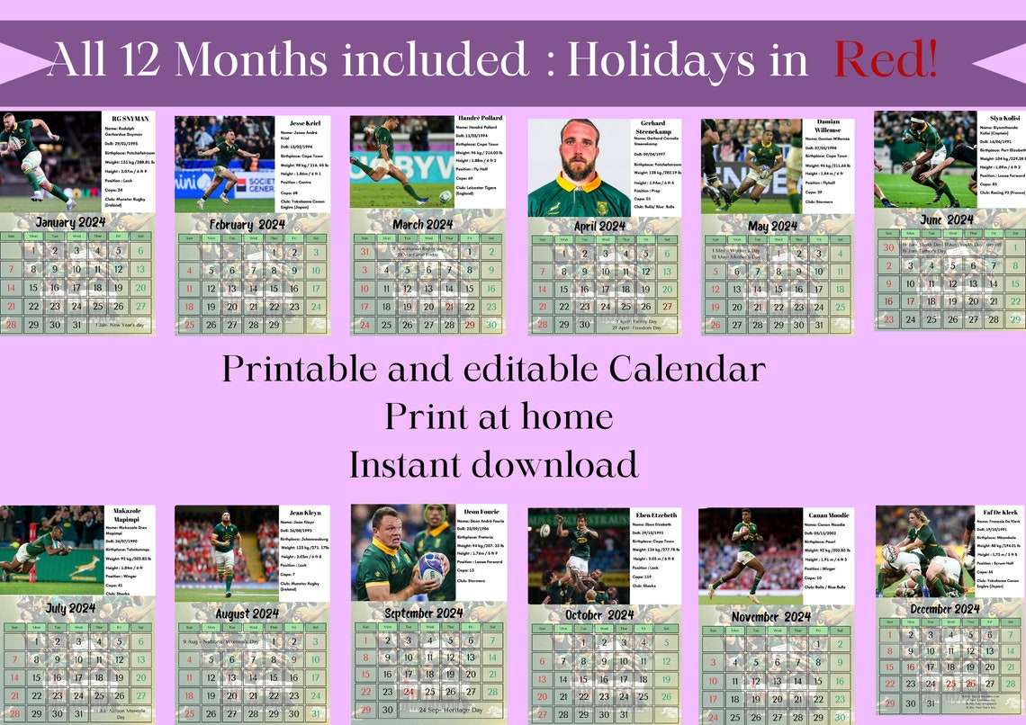 2024 South African springboks Monthly Calendar - Etsy