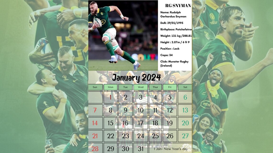 2024 South African springboks Monthly Calendar - Etsy