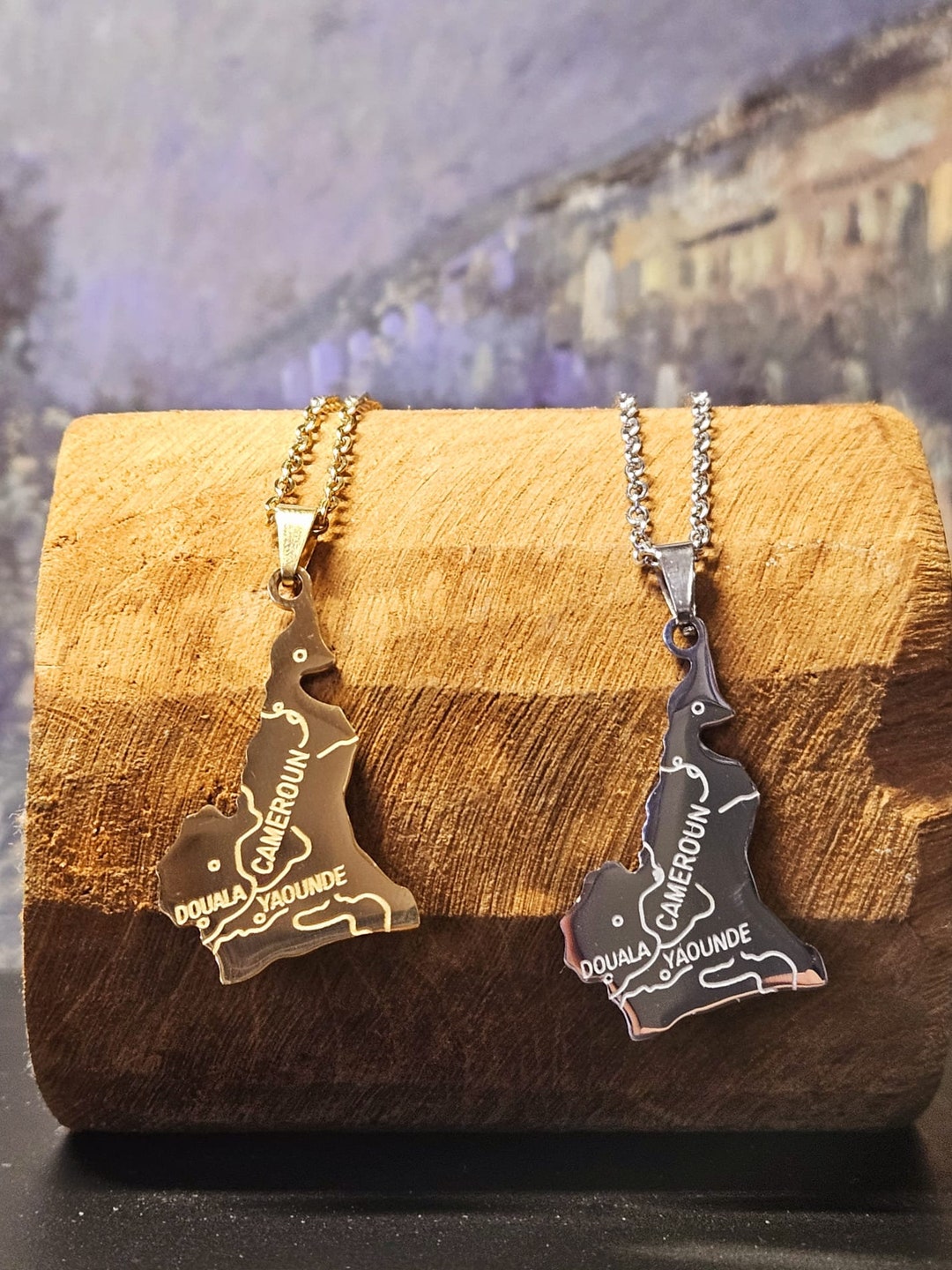 Cameroon Necklace Map Country Outline With Labels Gold Plated / Silver ...