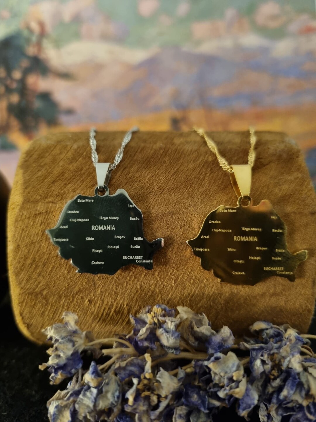 Romania Necklace Map Country Outline With Labels Gold Plated / Silver ...