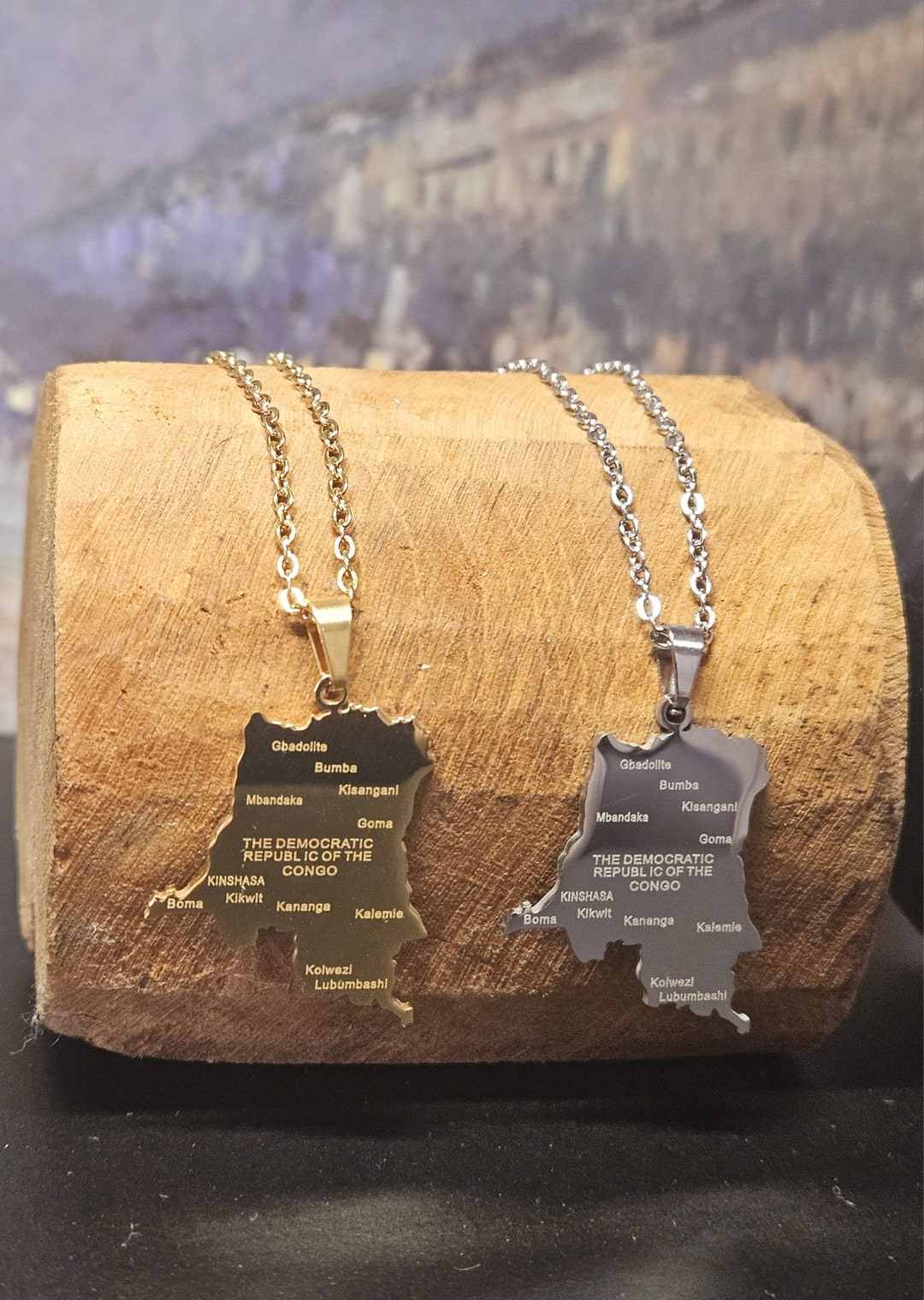 DR Congo Necklace Map Country Outline With Labels Gold Plated / Silver ...