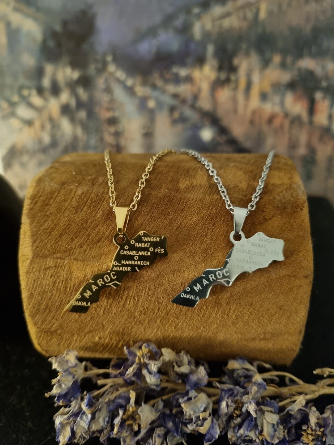 Morocco Necklace Map Country Outline With Labels Gold Plated / Silver ...