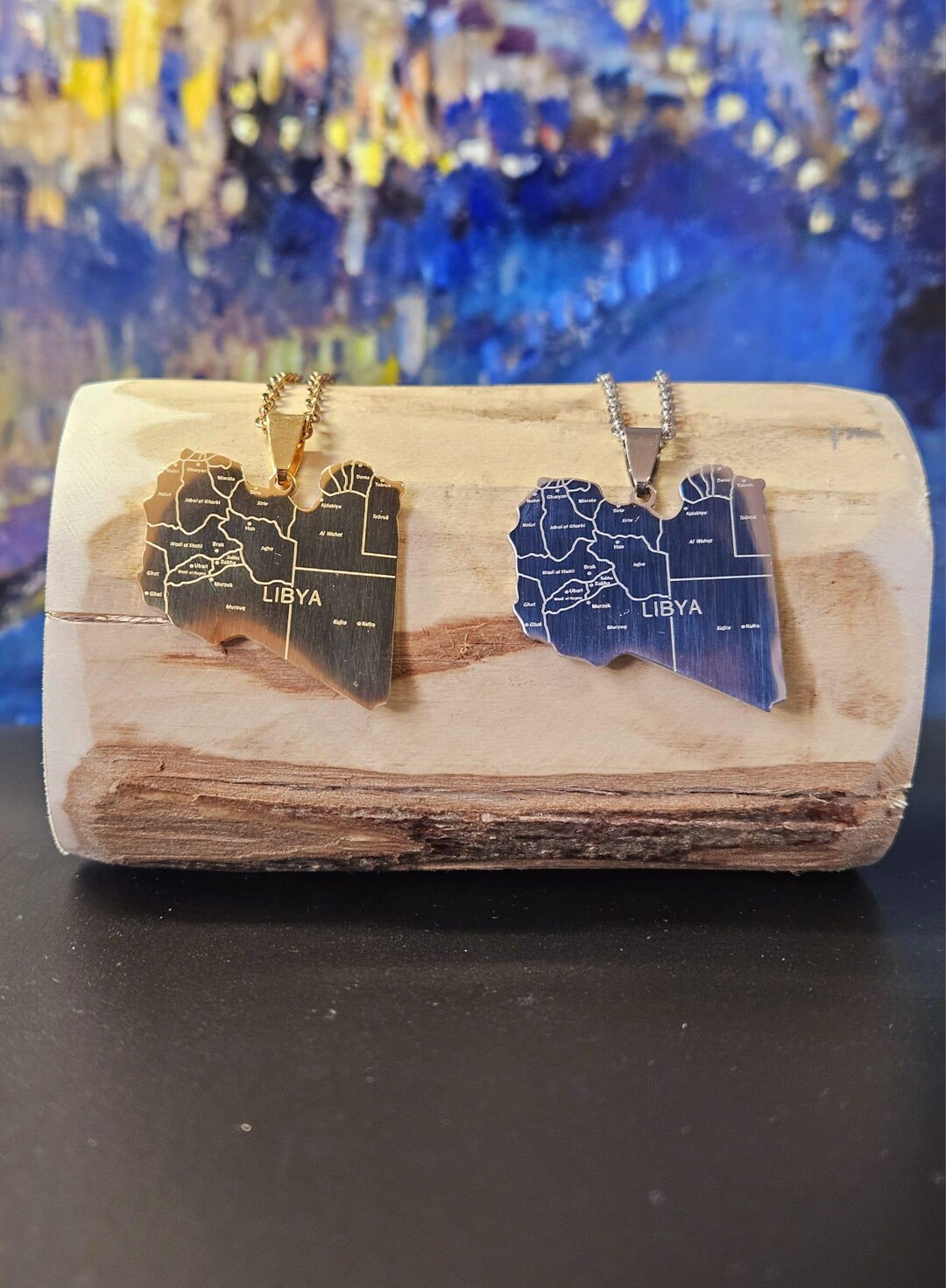 Libya Necklace Map Country Outline With Labels Gold Plated / Silver ...
