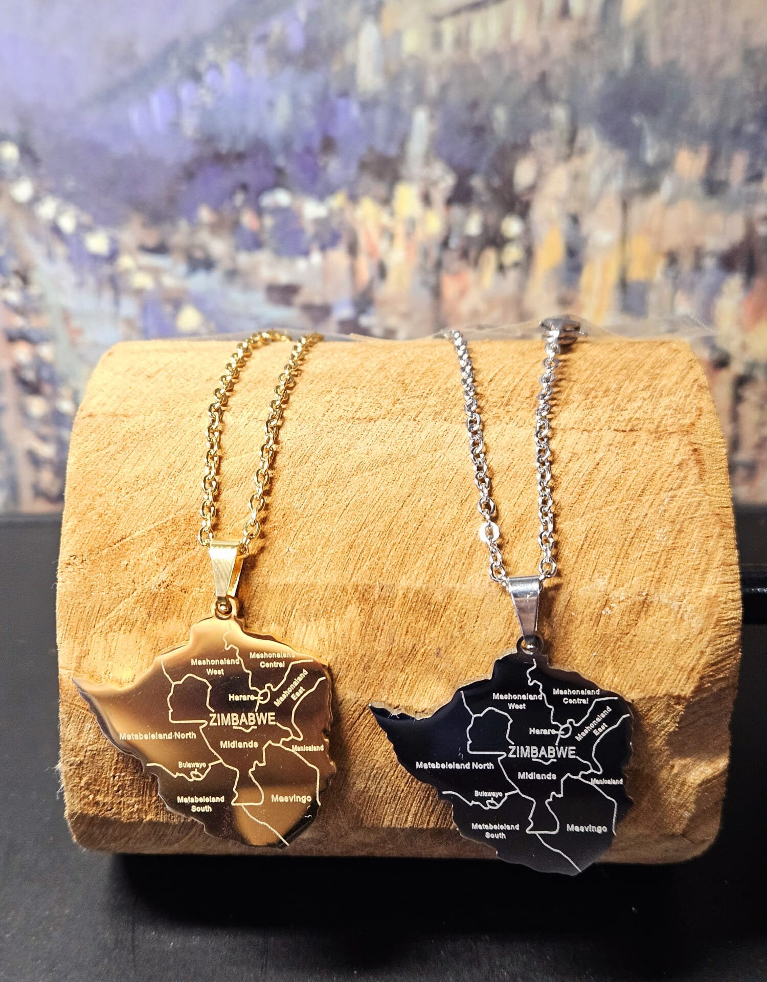 Zimbabwe Necklace Map Country Outline With Labels Gold Plated / Silver ...