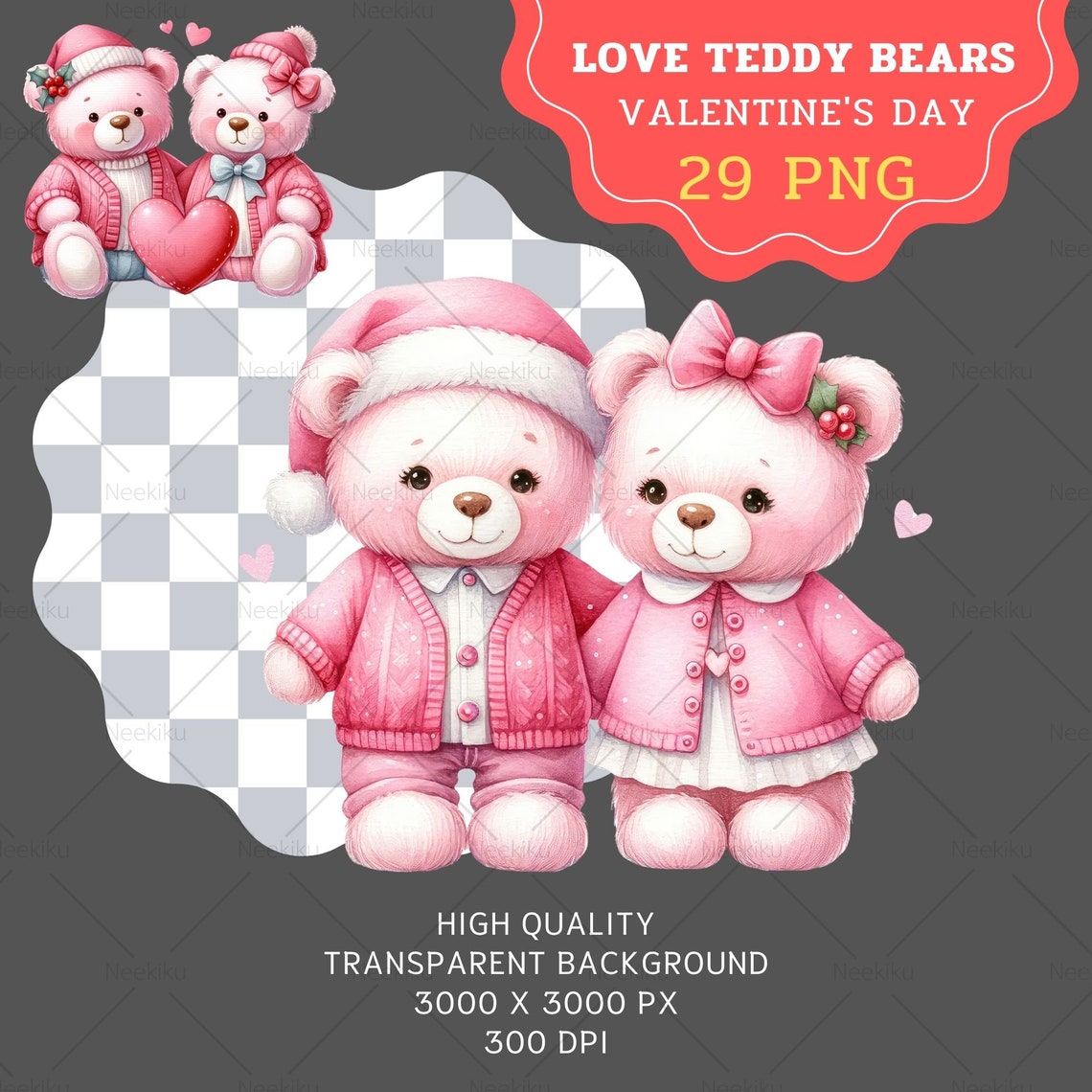 Pink Valentine Teddy Bear Couple Clipart, Nursery Clipart, Valentine ...