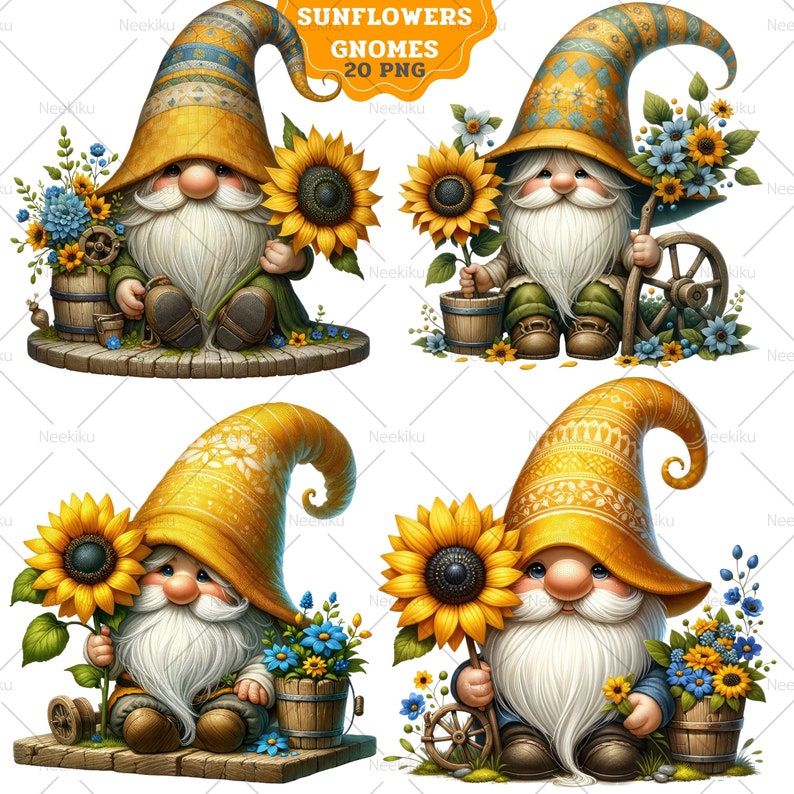 Sunflower Gnome Clipart, Garden Gnome Clipart, Gnome Summer Clipart ...