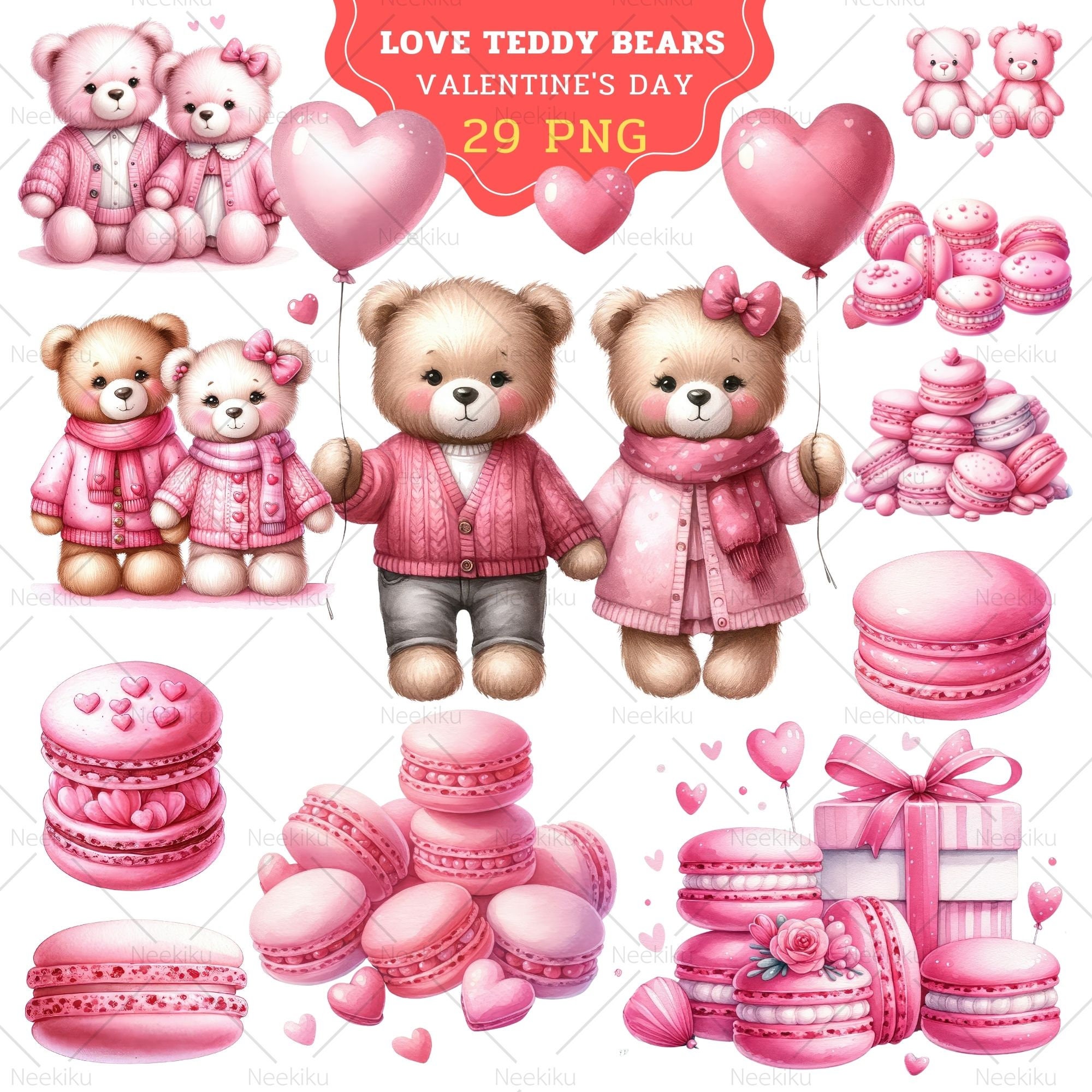 Pink Valentine Teddy Bear Couple Clipart, Nursery Clipart, Valentine ...