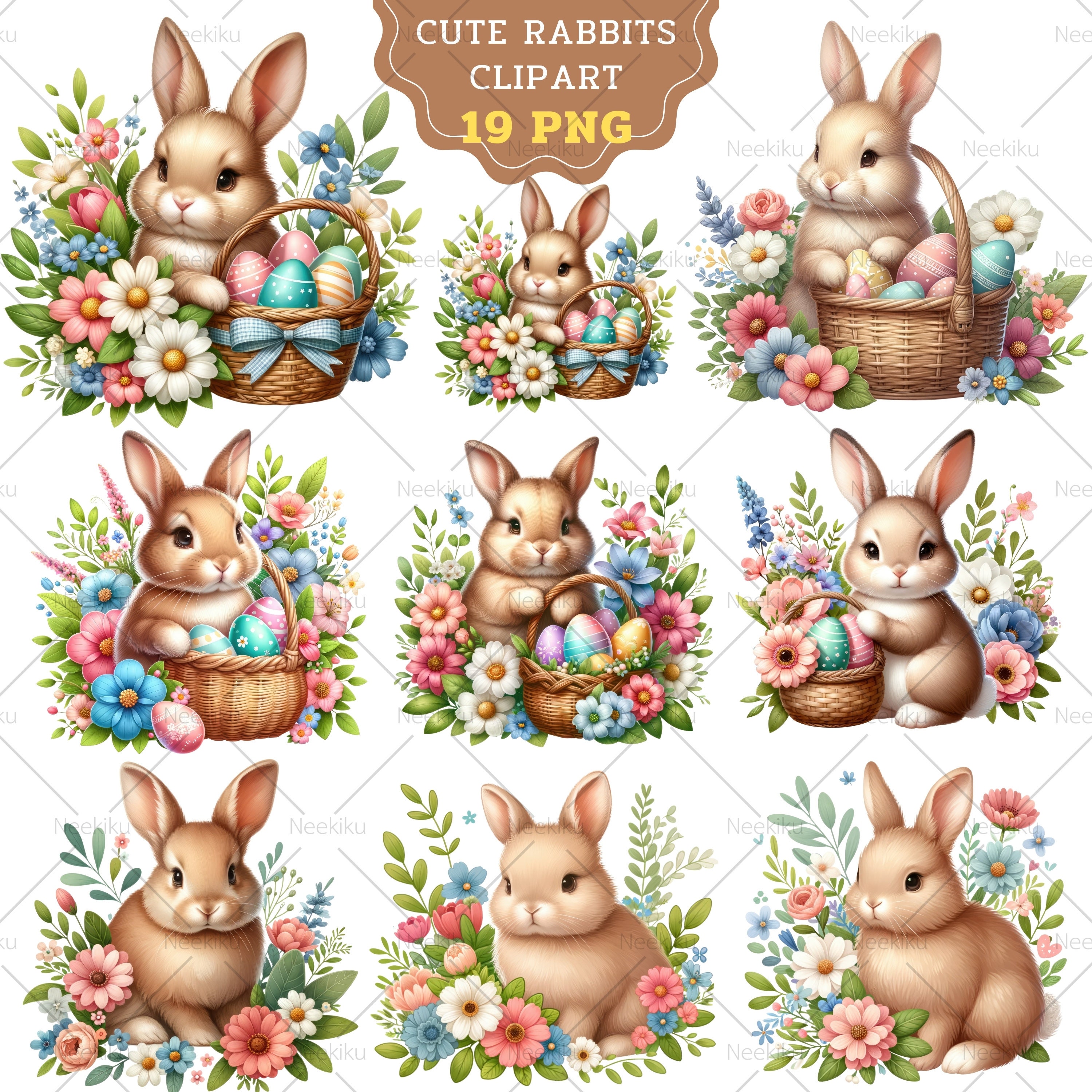 Floral Bunnies Clipart, Bunnies Clipart, Nursery Spring Clipart, Easter ...