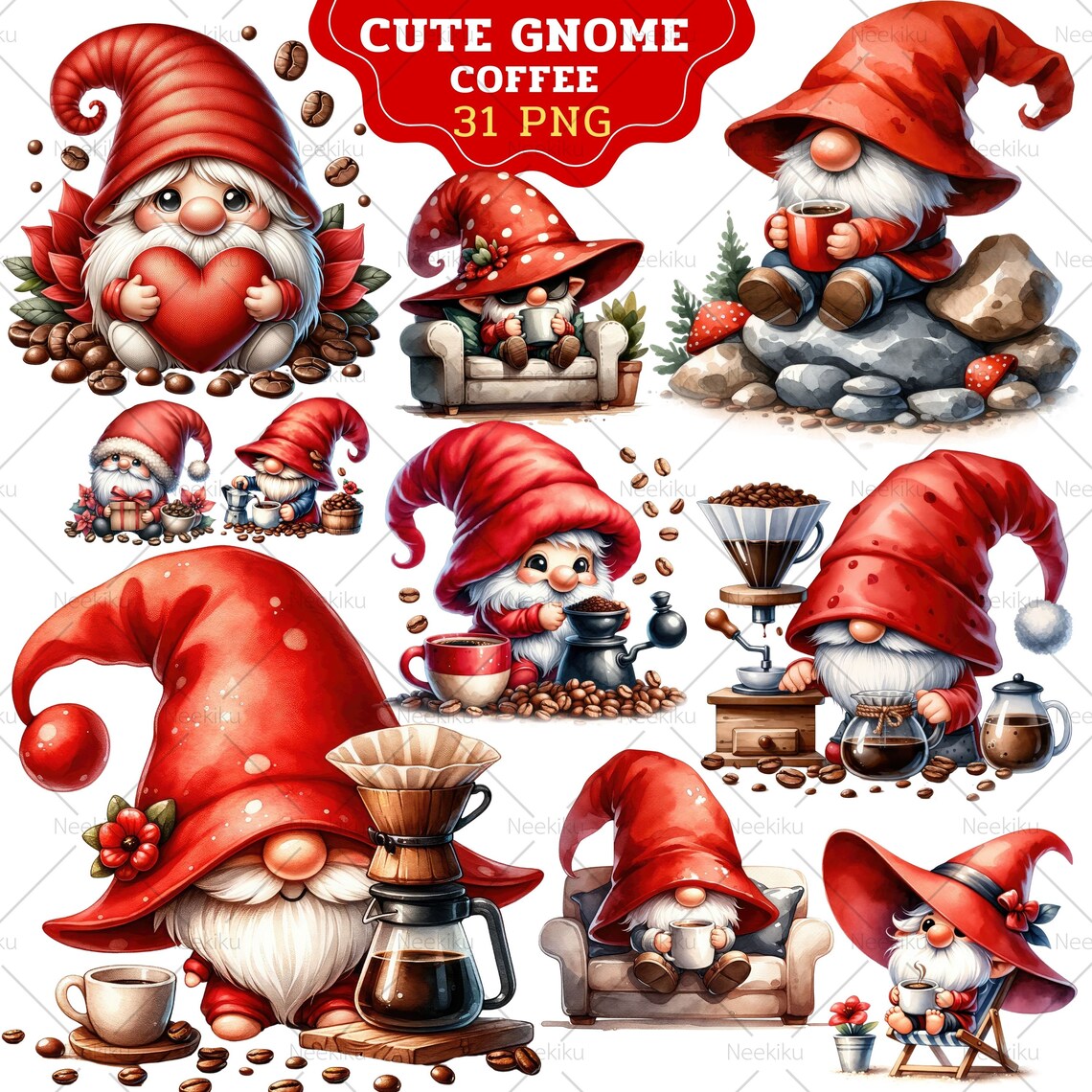 Red Coffee Gnome PNG, Coffee Gnome Sublimation, Coffee Gnome Watercolor ...
