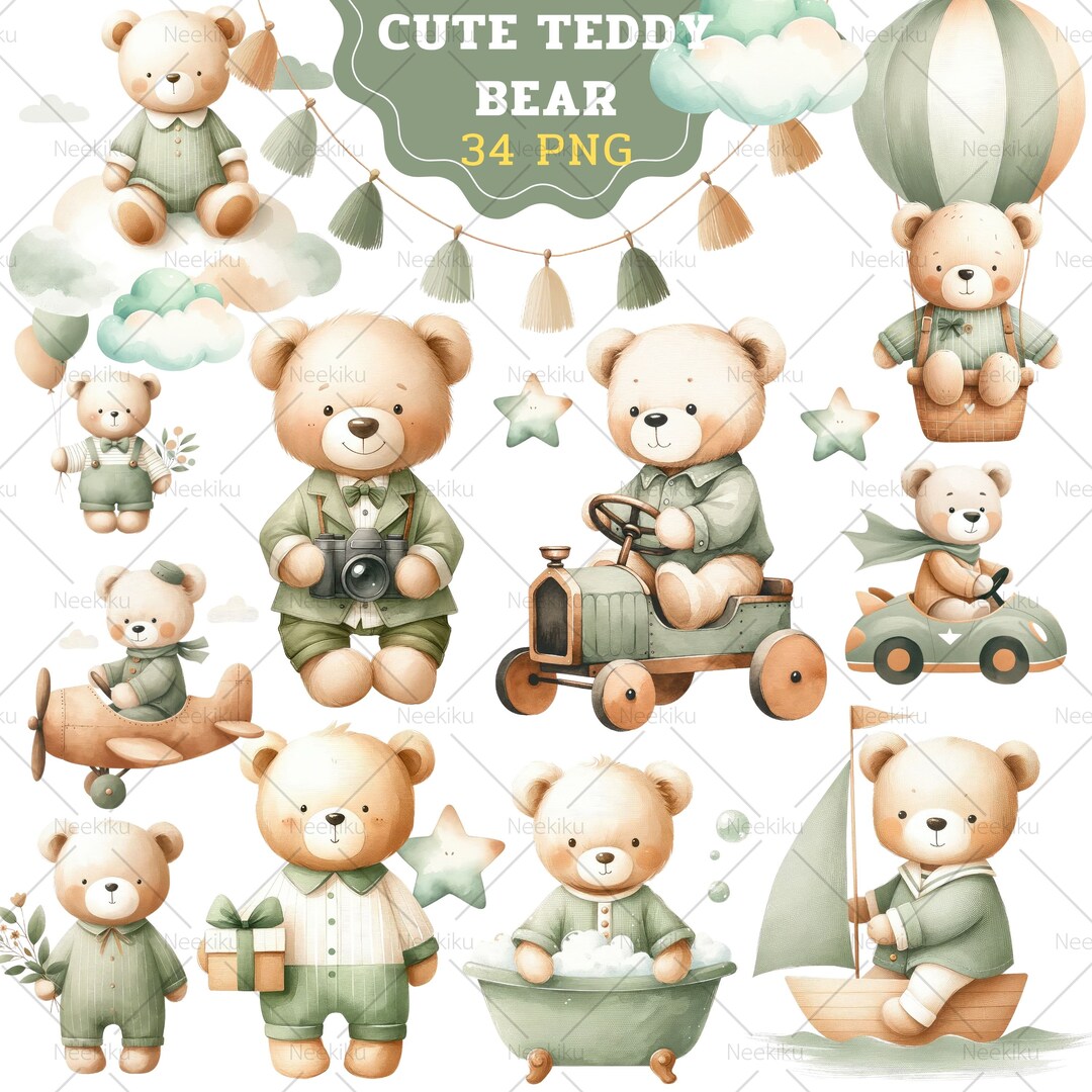 Teddy Bear Clipart, Cute Boho Bears, Watercolor Teddy Bear, Baby Shower ...
