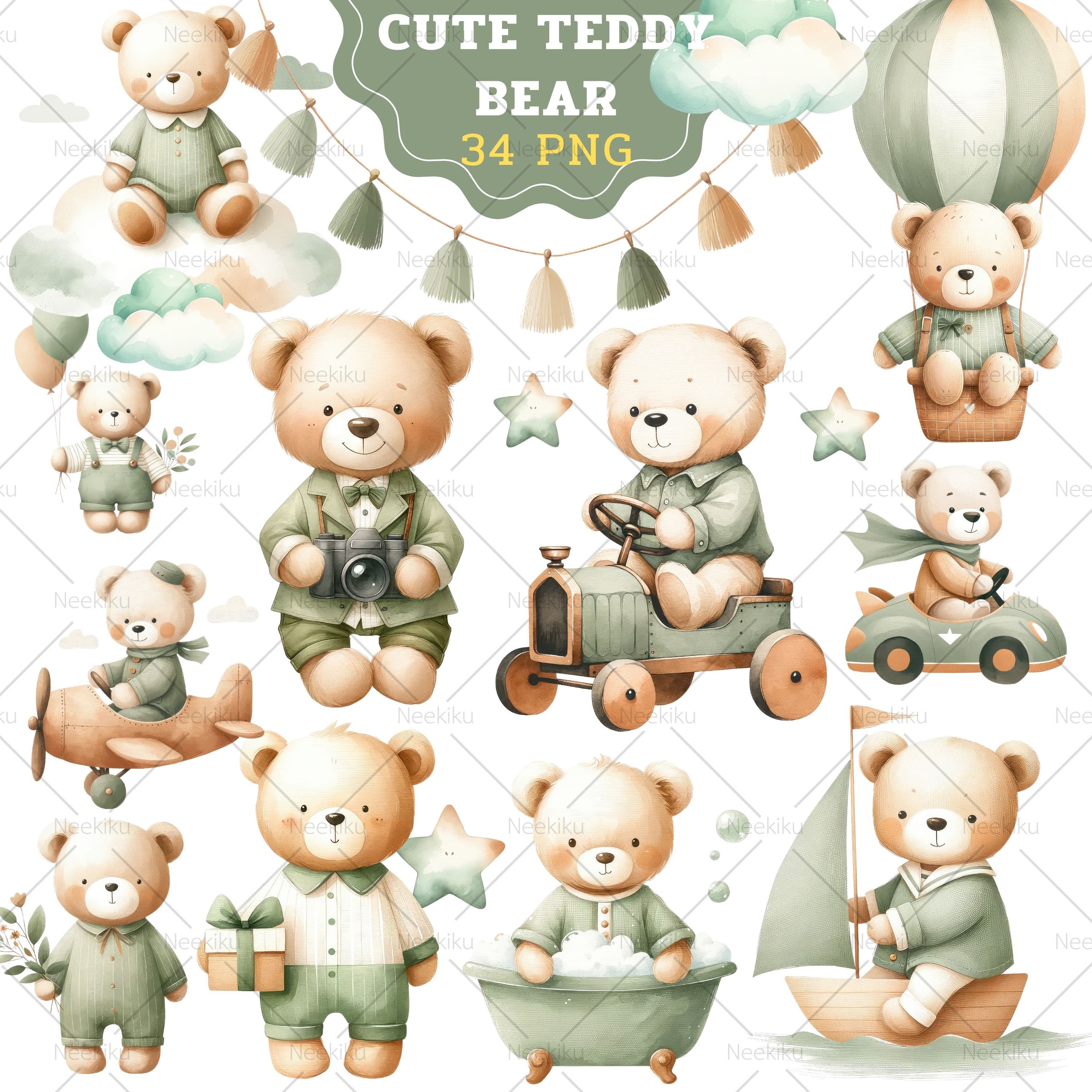 Teddy Bear Clipart, Cute Boho Bears, Watercolor Teddy Bear, Baby Shower ...