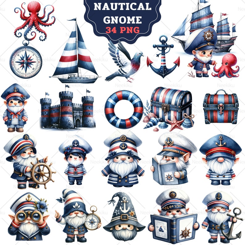 Nautical Gnome Clipart Bundle, Summer Clipart, Navy Blue Nautical ...