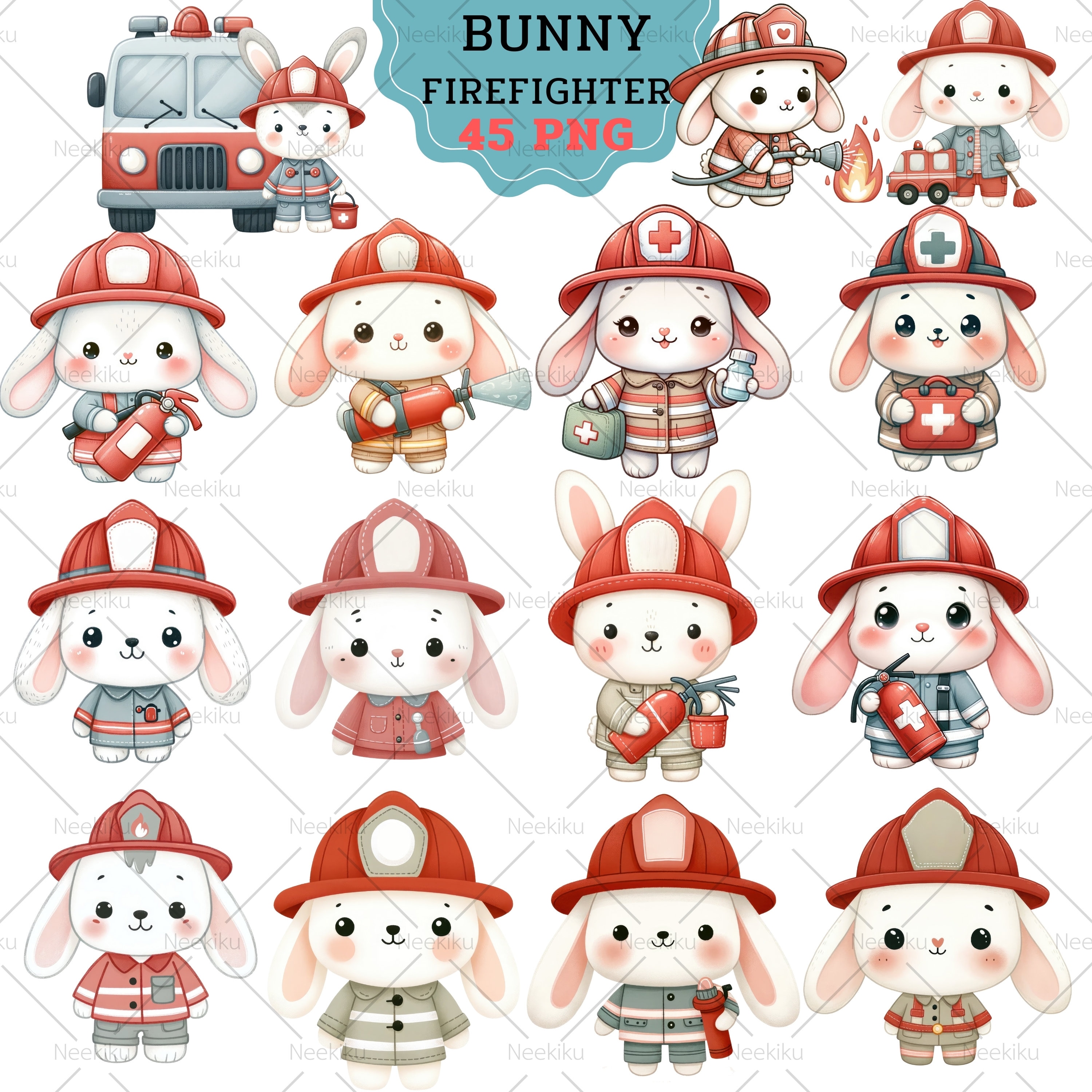 Brave Bunny Firefighter Clipart, Firefighter Collection, Heroic Bunny ...