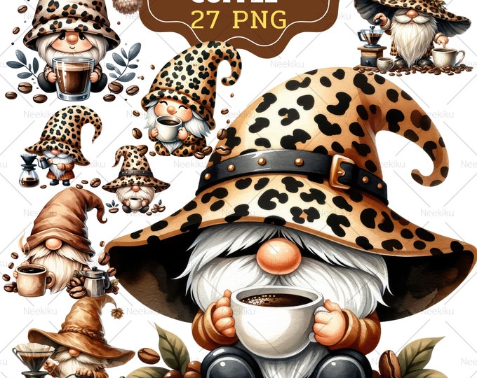 Iced Coffee Gnome Clipart Bundle-24png 300dpi,cute Gnome Watercolor ...