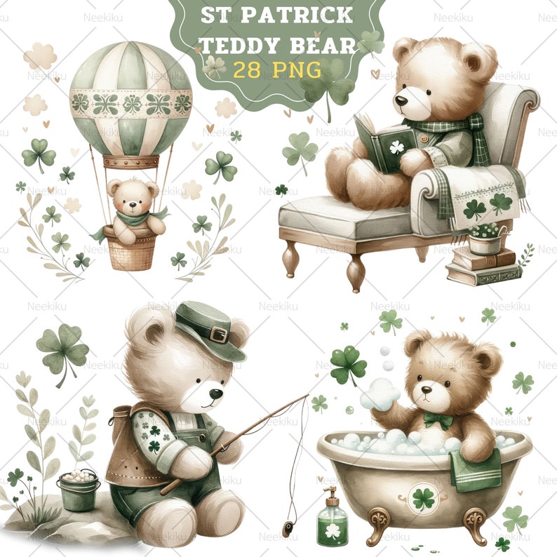 St Patrick's Day Teddy Bear Clipart: Minimalist PNG (digital Download ...