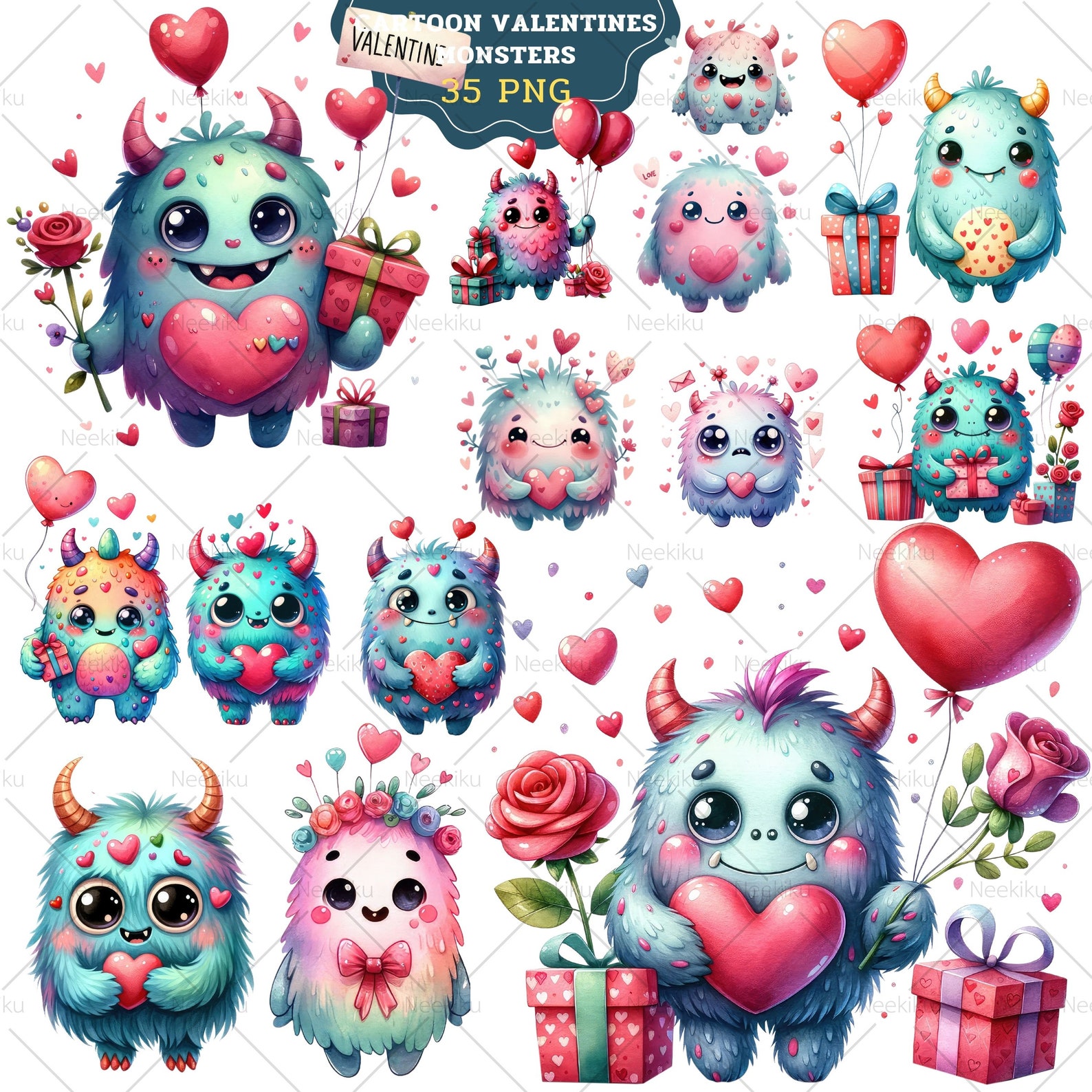 Cute Cartoon Valentines Monsters Clipart, Monsters in Love, Valentines ...