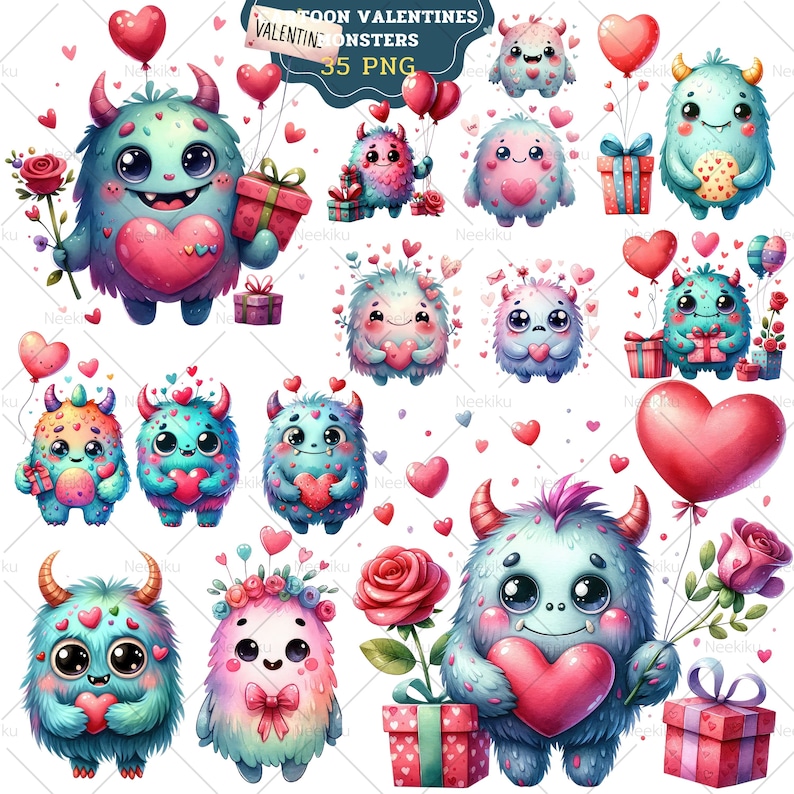 Cute Cartoon Valentines Monsters Clipart, Monsters in Love, Valentines ...