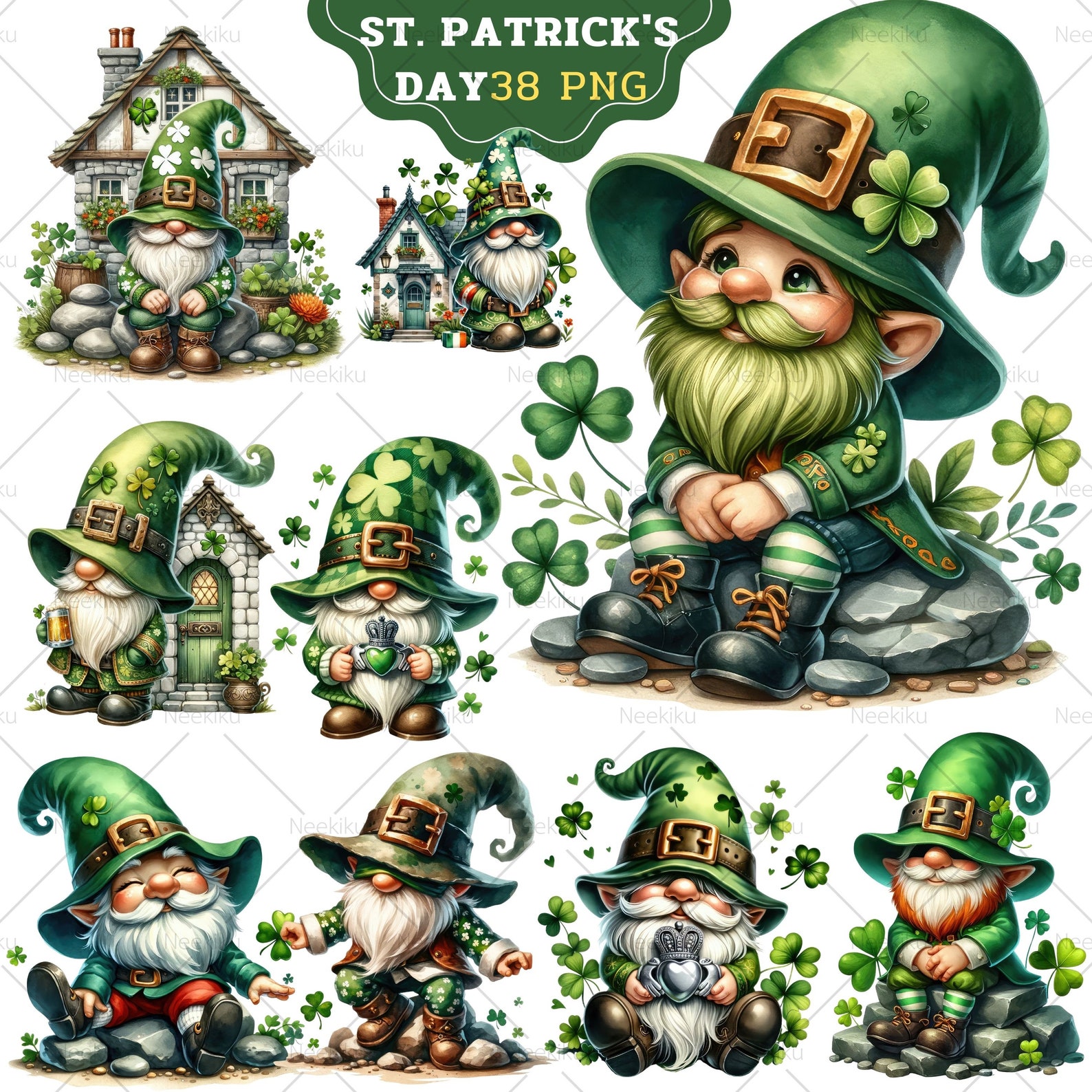 Watercolor St. Patrick's Day Gnomes Clipart: Irish Shamrock PNG ...