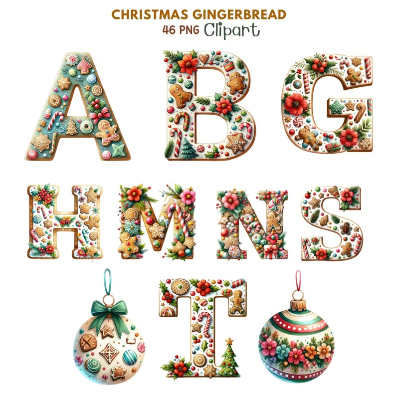 Watercolor Gingerbread Cookie Alphabet Clipart, Christmas Graphics ...