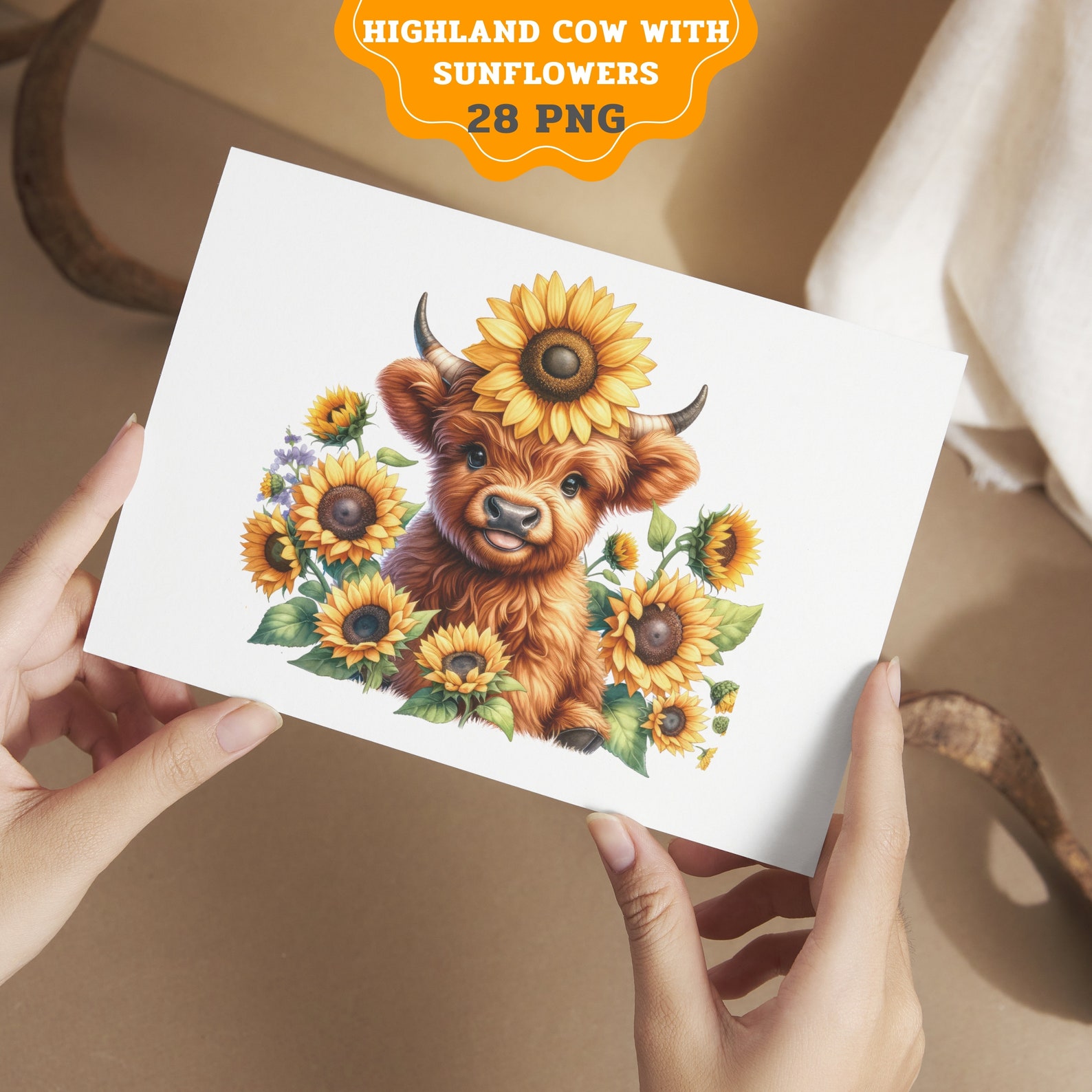 Highland Cow With Sunflowers, Sunflowers Watercolor, Highland Cow PN ...