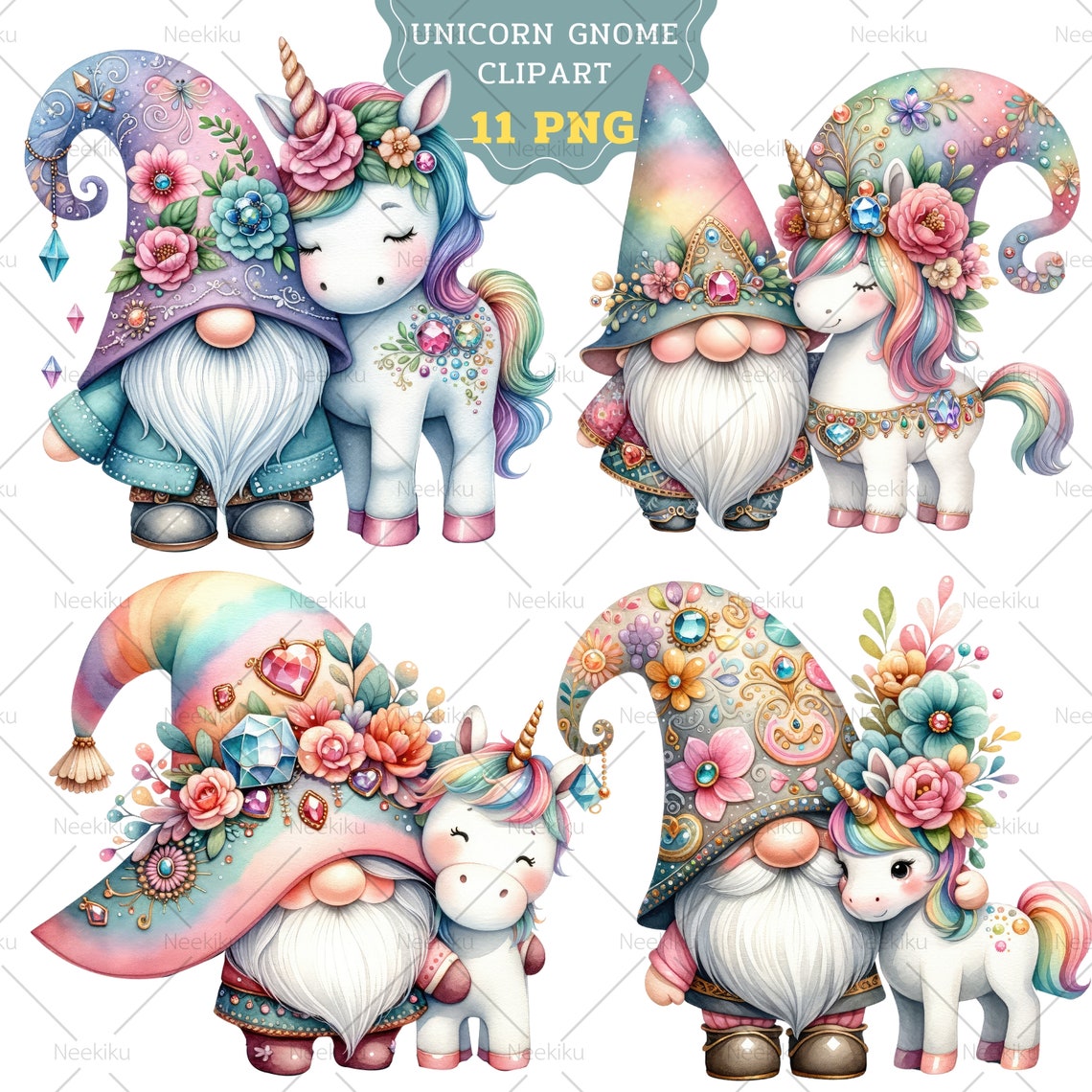 Cute Unicorn Clipart, Unicorn PNG, Gnome Clipart, Rainbow Clip Art, Junk Journal, Magic Unicorn ...