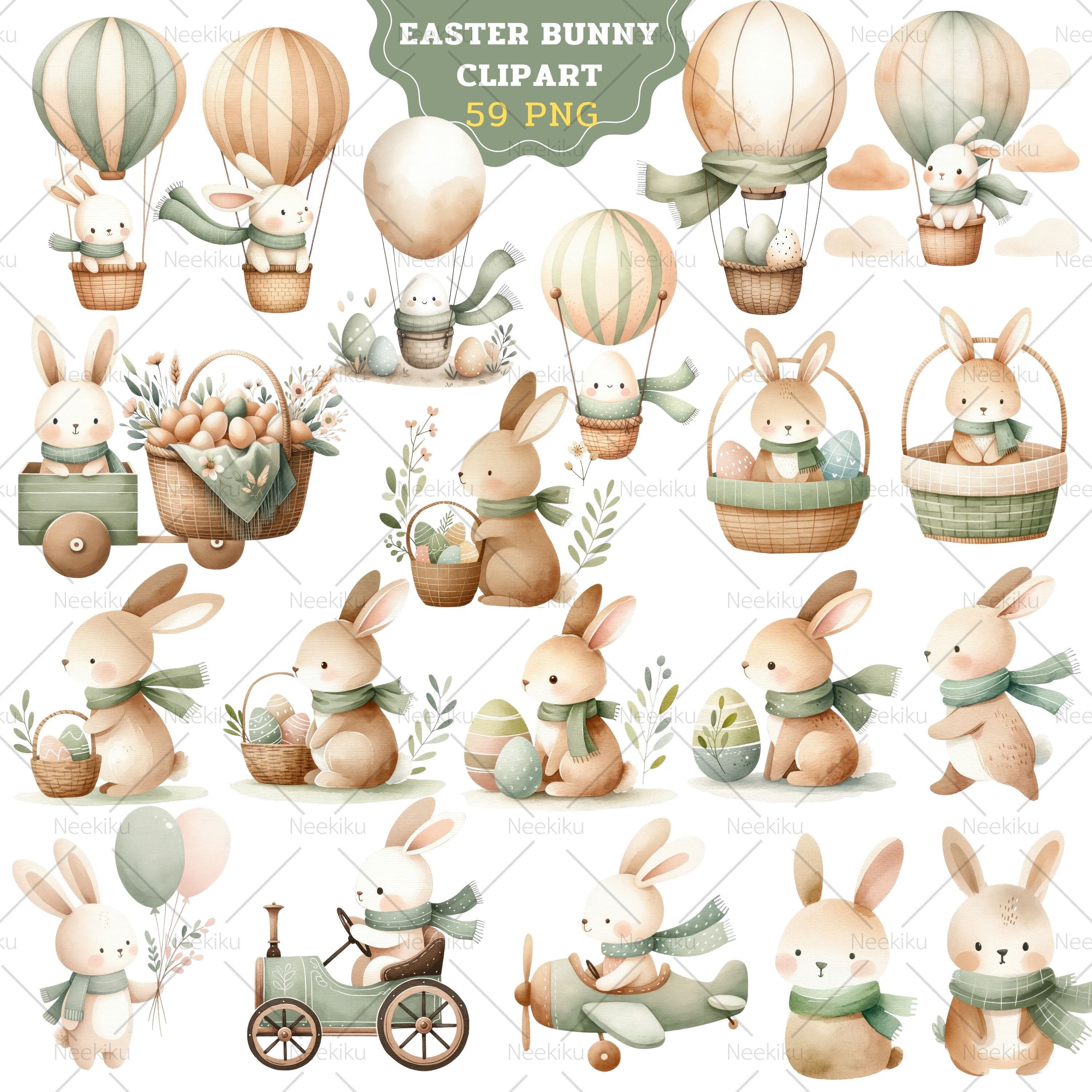 Watercolor Easter Clipart Bundle: Bunny, Eggs, Basket (PNG Digital ...