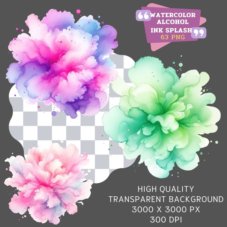 63 Pastel Watercolor Alcohol Ink Splash Clipart: PNG Paint Splatters ...