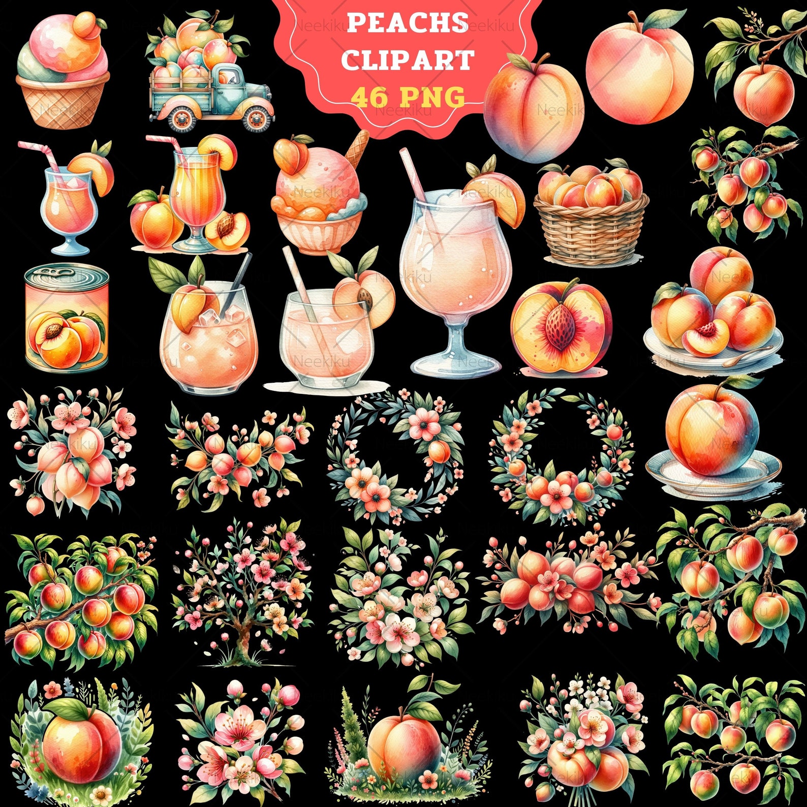 Watercolor Peach Clipart: Spring Fruit Illustrations (digital Download ...