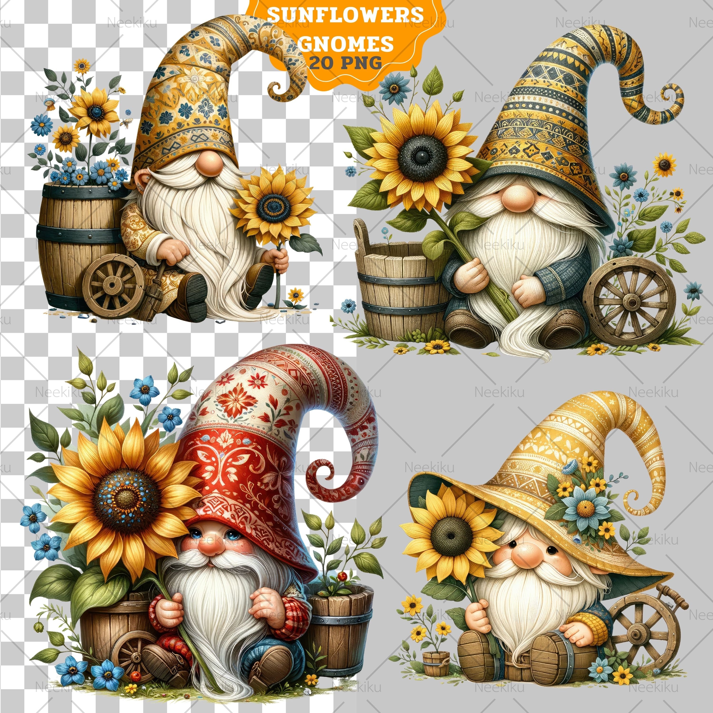 Sunflower Gnome Clipart, Garden Gnome Clipart, Gnome Summer Clipart ...