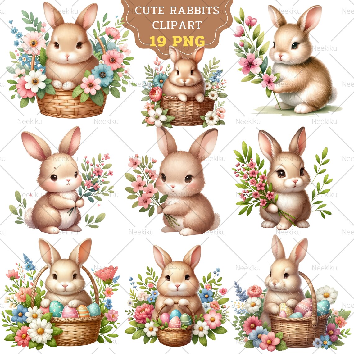 Floral Bunnies Clipart, Bunnies Clipart, Nursery Spring Clipart, Easter ...