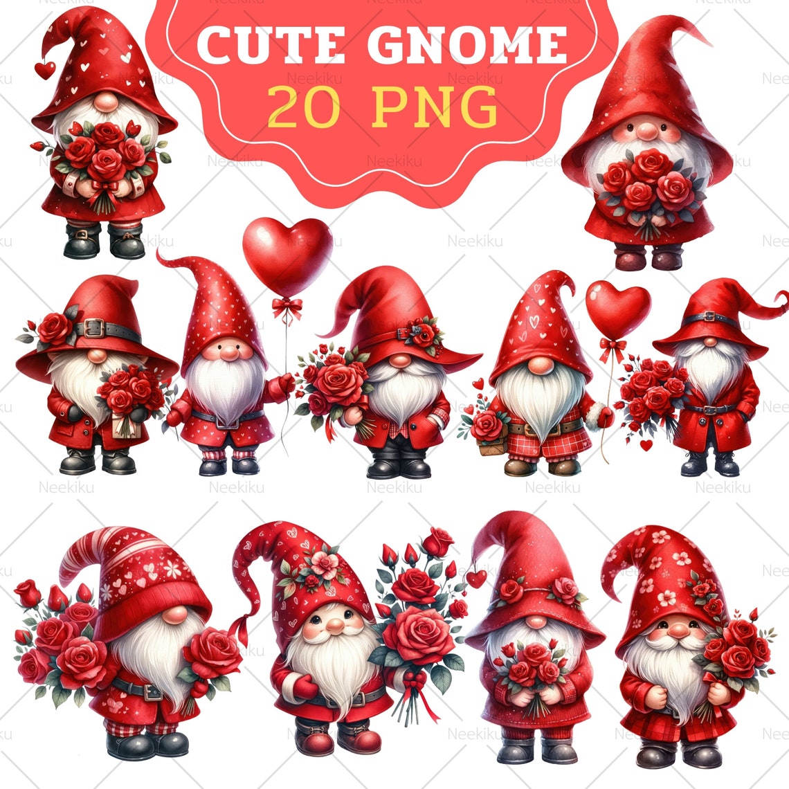 Valentine Gnome Watercolor Clipart, Cute Gnome Clipart, Red Gnome ...