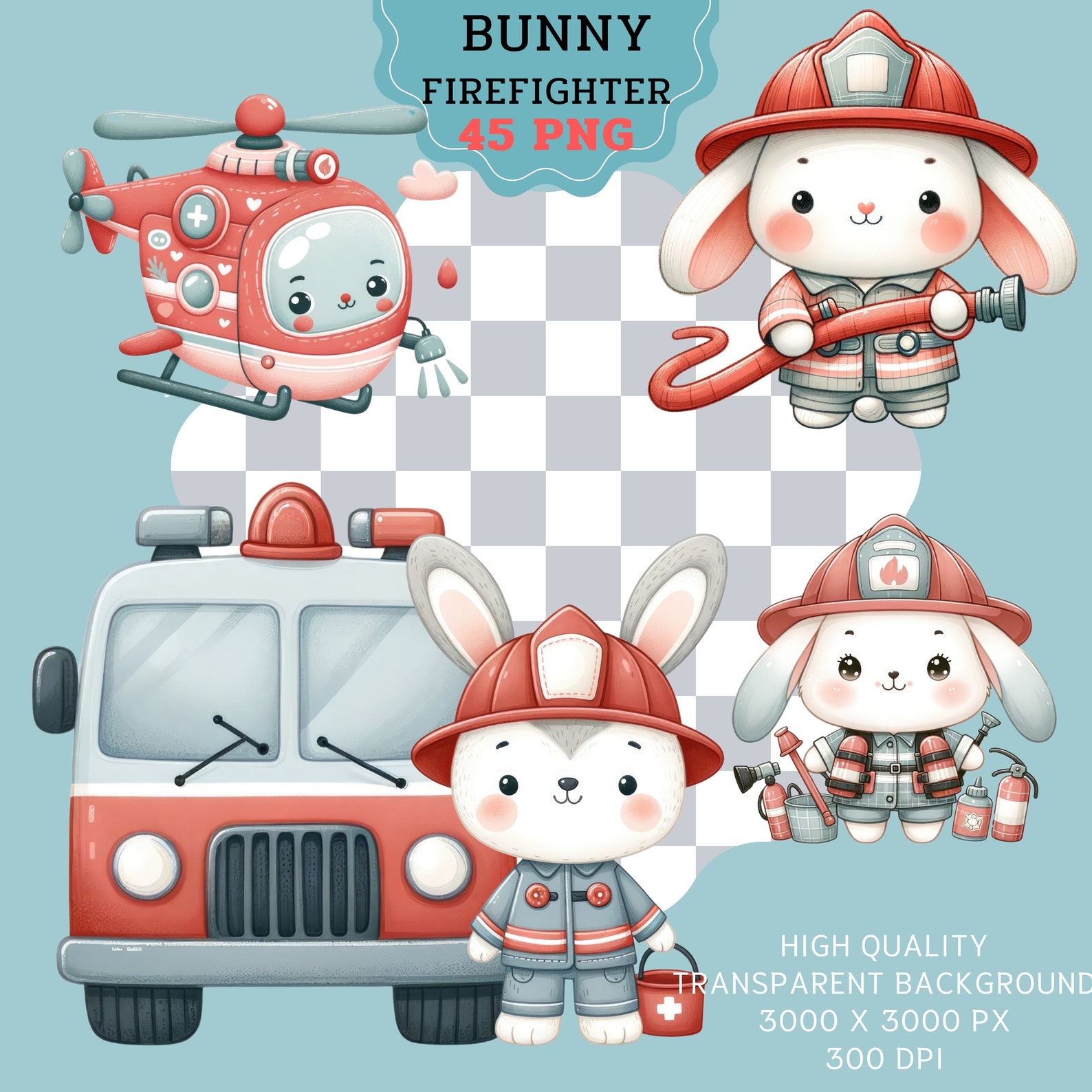 Brave Bunny Firefighter Clipart, Firefighter Collection, Heroic Bunny ...