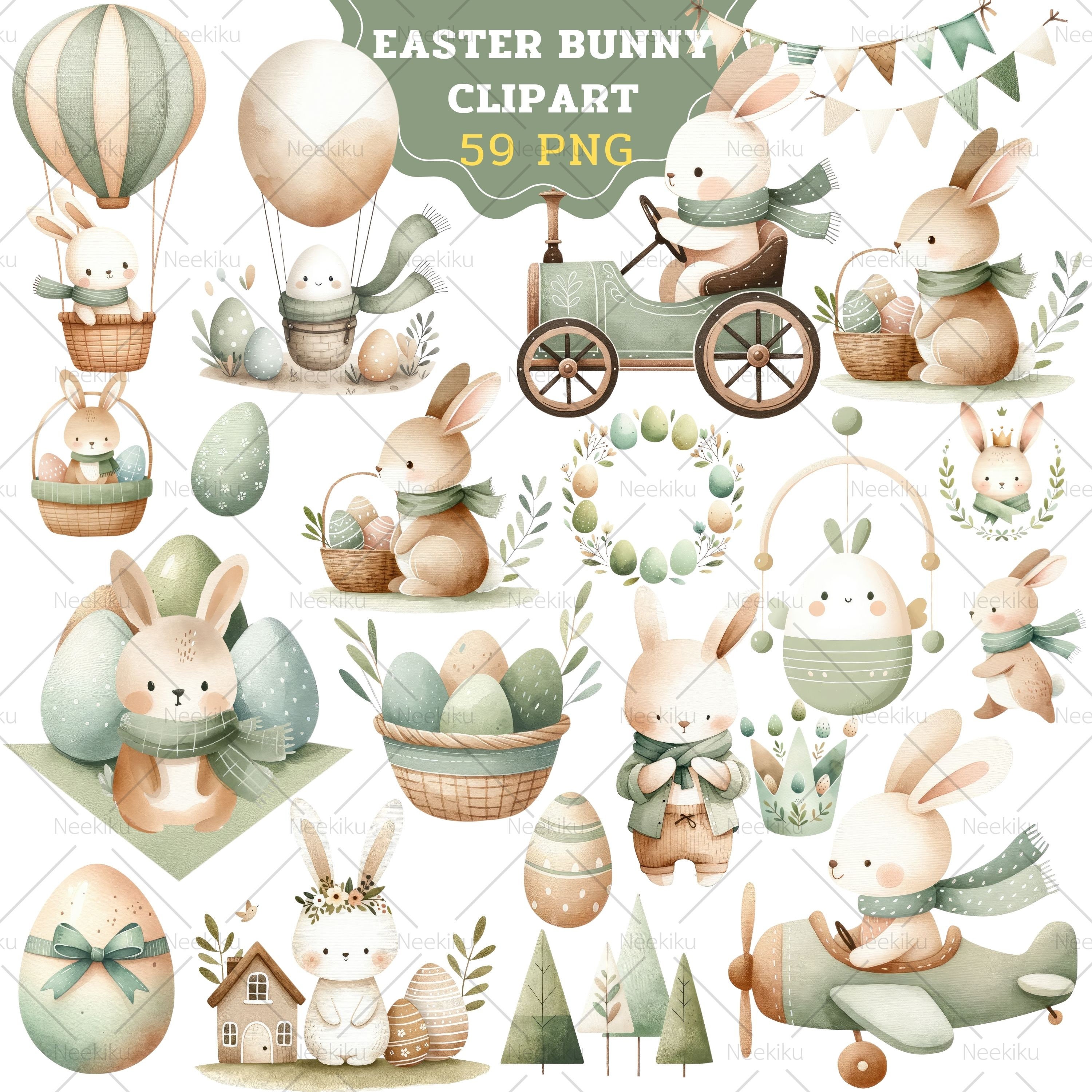 Watercolor Easter Clipart Bundle, Cute Watercolor Bunny Clipart, Easter ...