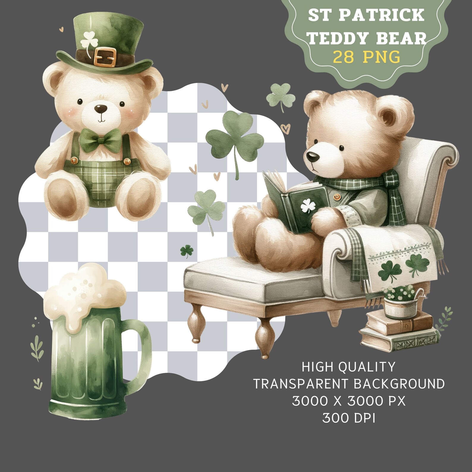 St Patrick's Day Teddy Bear Clipart: Minimalist PNG (digital Download ...