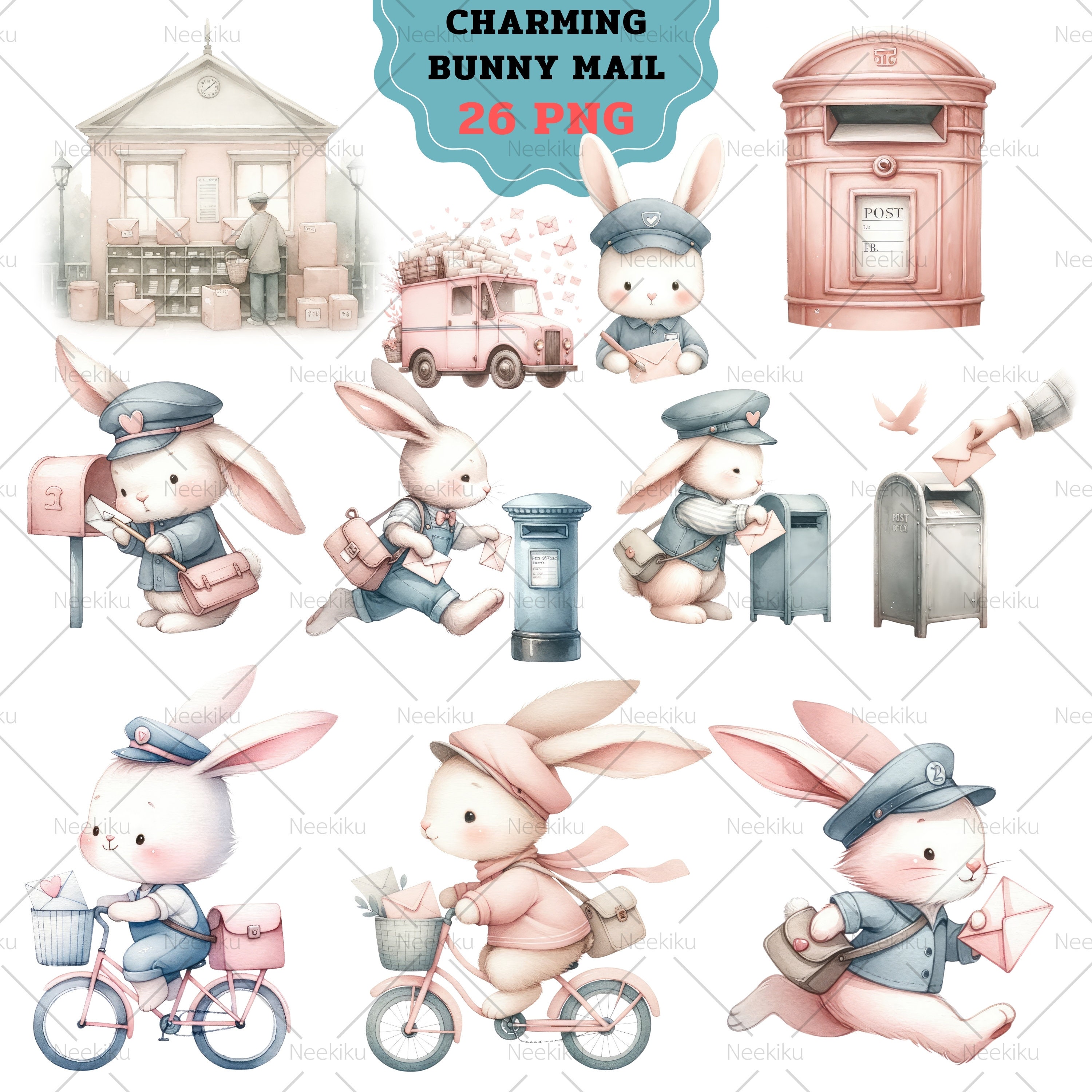 Charming Bunny Postman, Watercolor Art, Cute Rabbit Nursery Decor ...