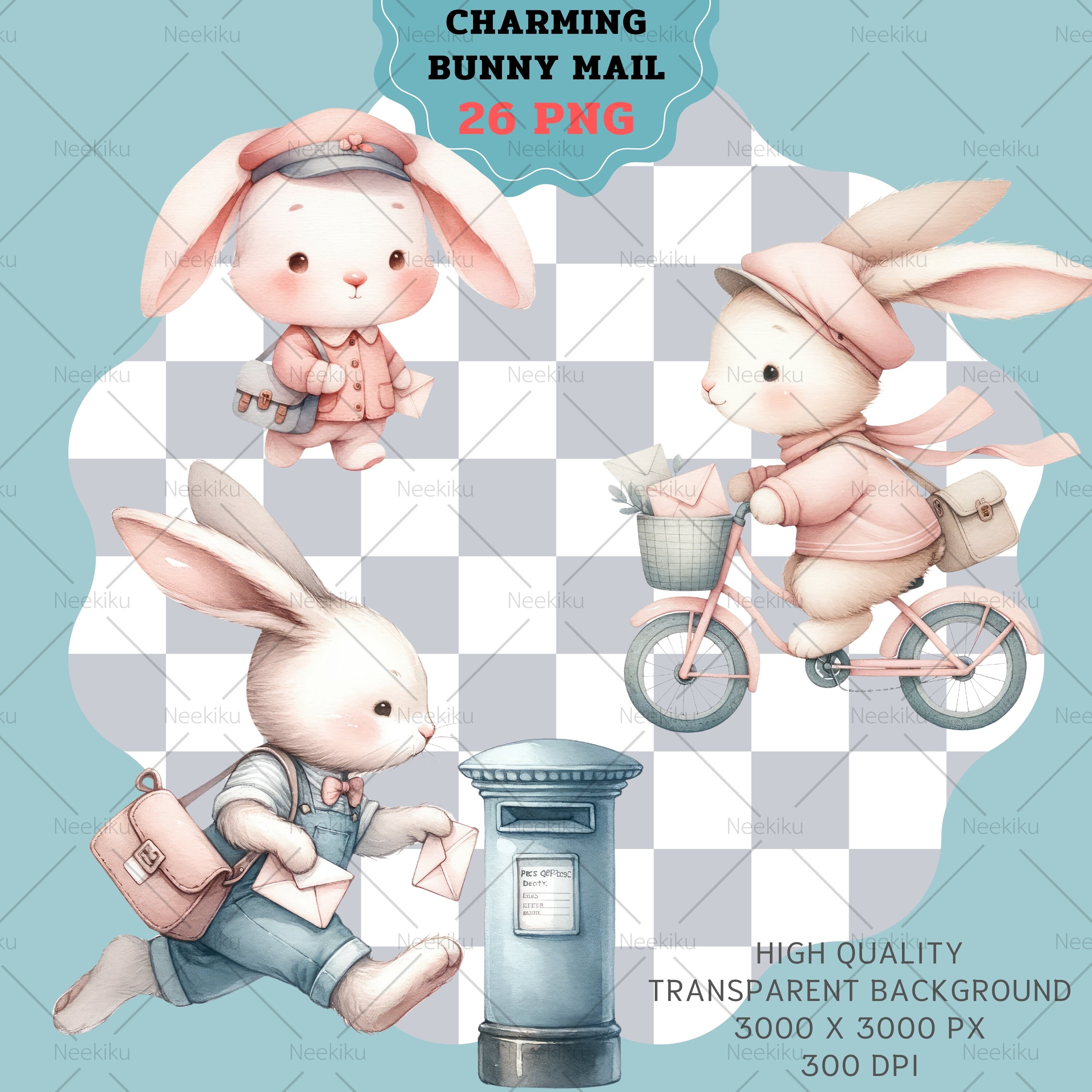 Charming Bunny Postman, Watercolor Art, Cute Rabbit Nursery Decor ...