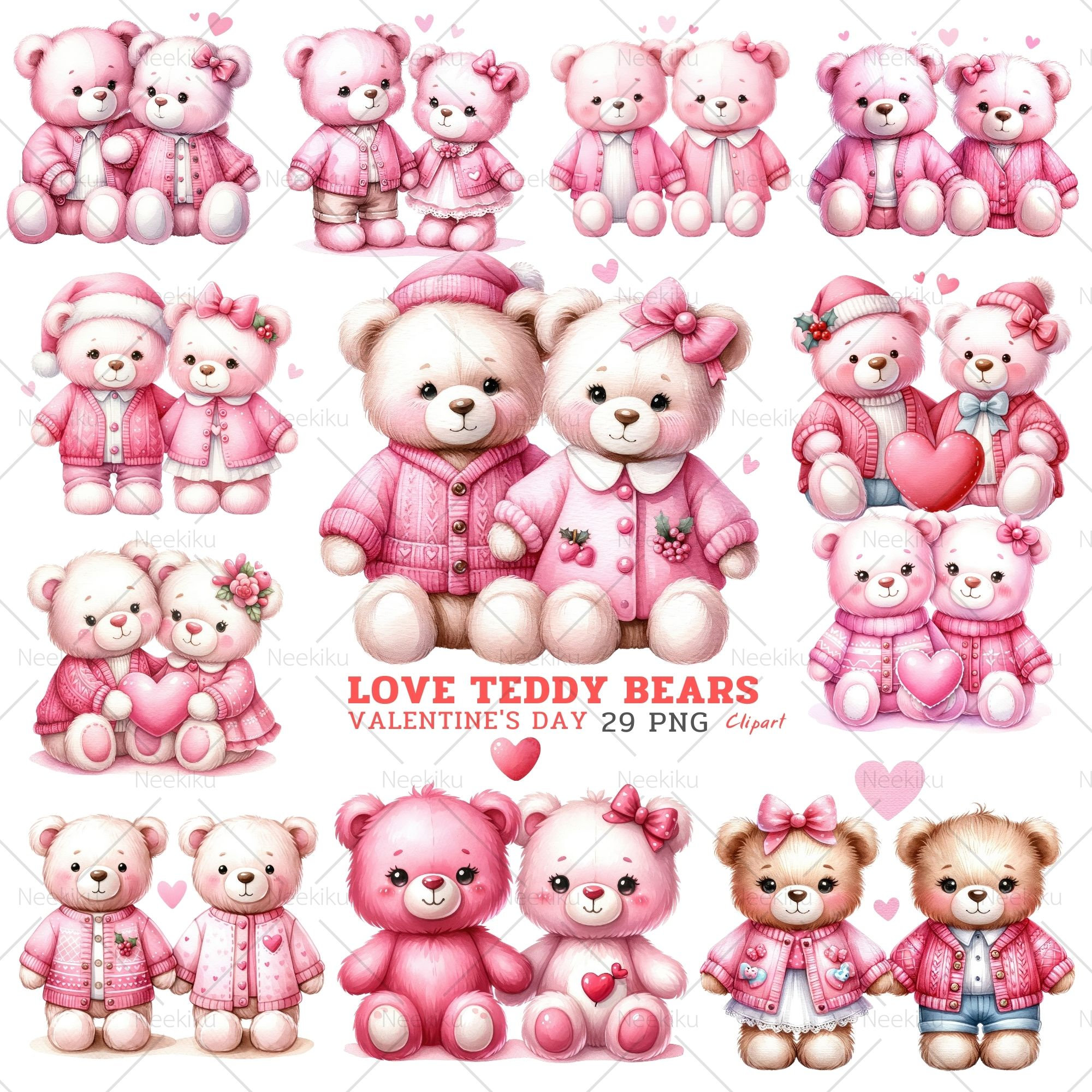 Pink Valentine Teddy Bear Couple Clipart, Nursery Clipart, Valentine ...