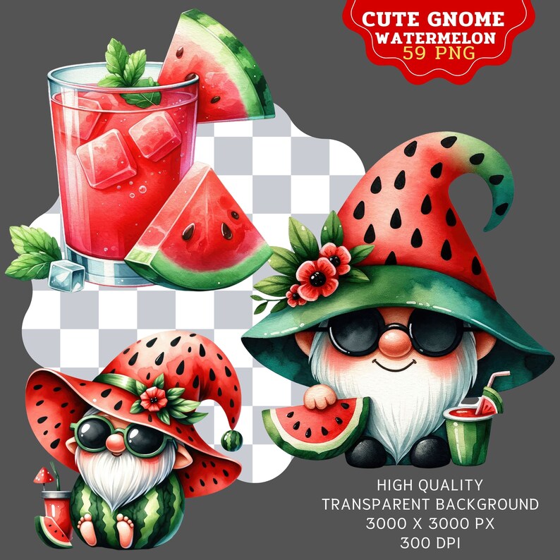 Watermelon Gnomes Clipart: Summer Watercolor PNG (commercial Use) - Etsy