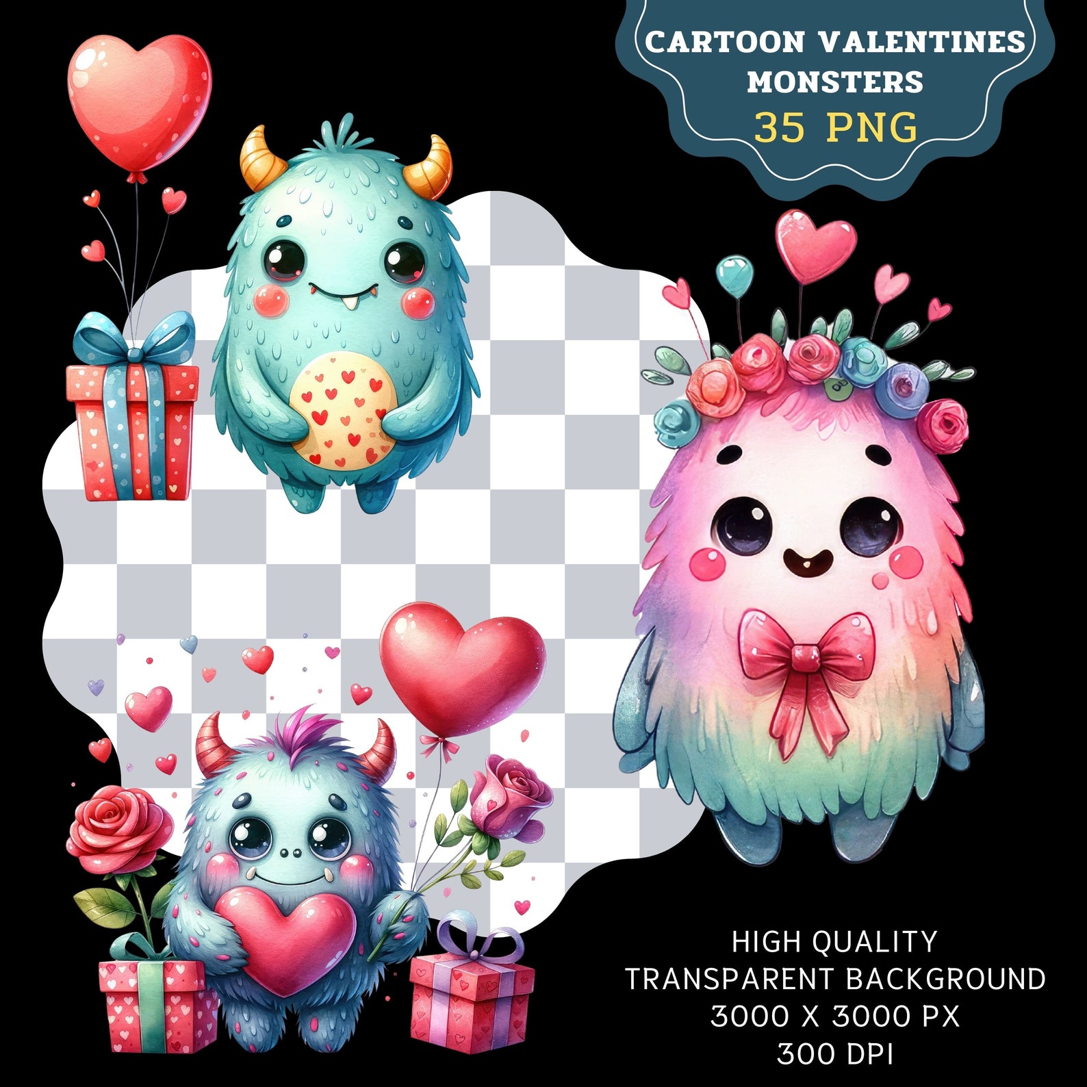 Cute Cartoon Valentines Monsters Clipart, Monsters in Love, Valentines ...