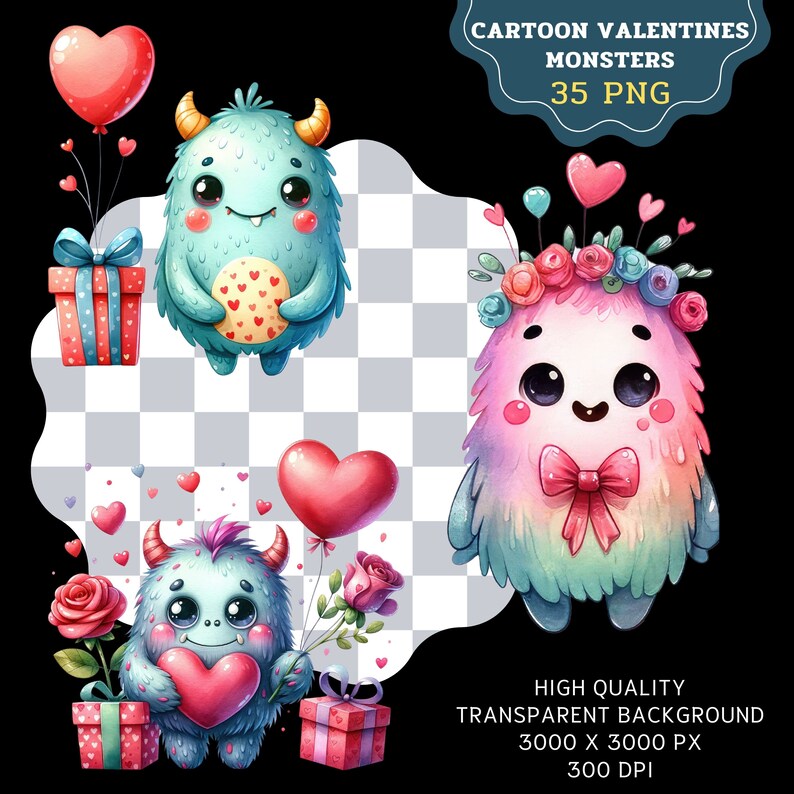 Cute Cartoon Valentines Monsters Clipart, Monsters in Love, Valentines ...